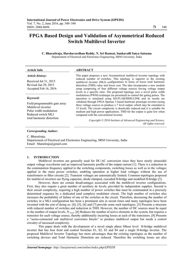 FPGA Based Design and Validation of Asymmetrical Reduced Switch Multilevel Inverter | PDF