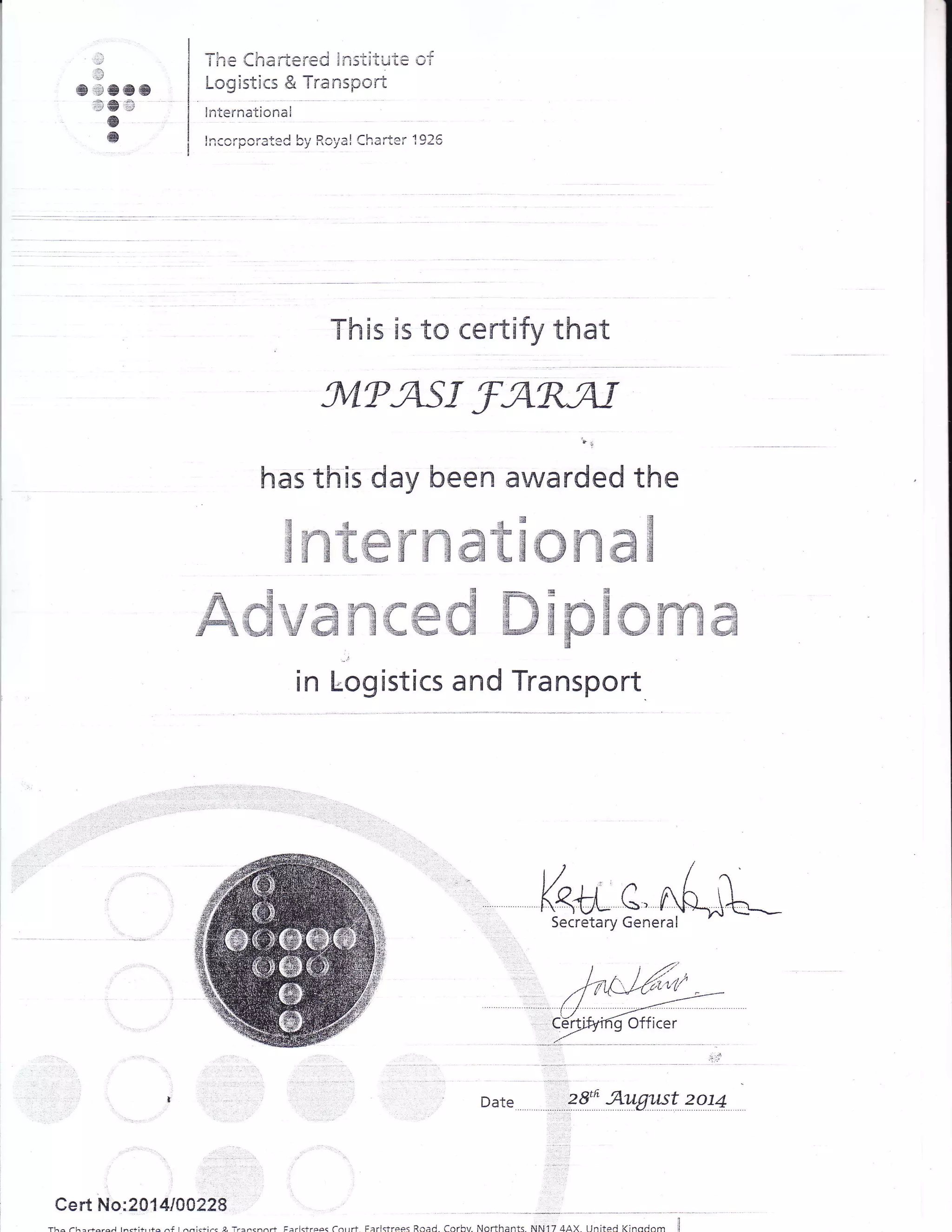 Farai CILT Advanced Diploma in Logistics and Transport | PDF