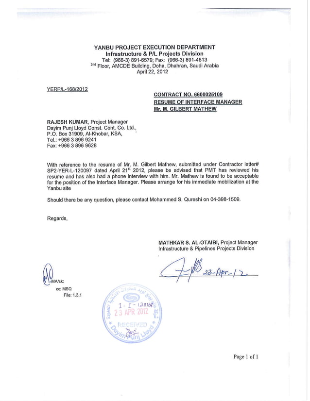 1-I-120168 Apprd CV of Interface Mngr Mr Gilbert Mathew | PDF