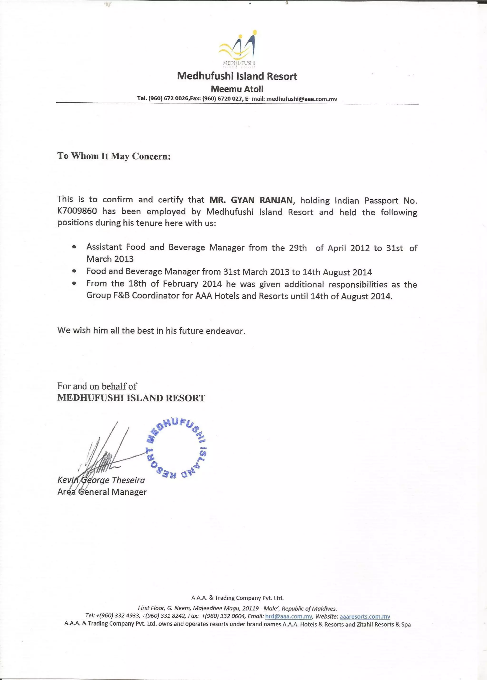 Medhufushi Island Resort Experience Certificate | PDF