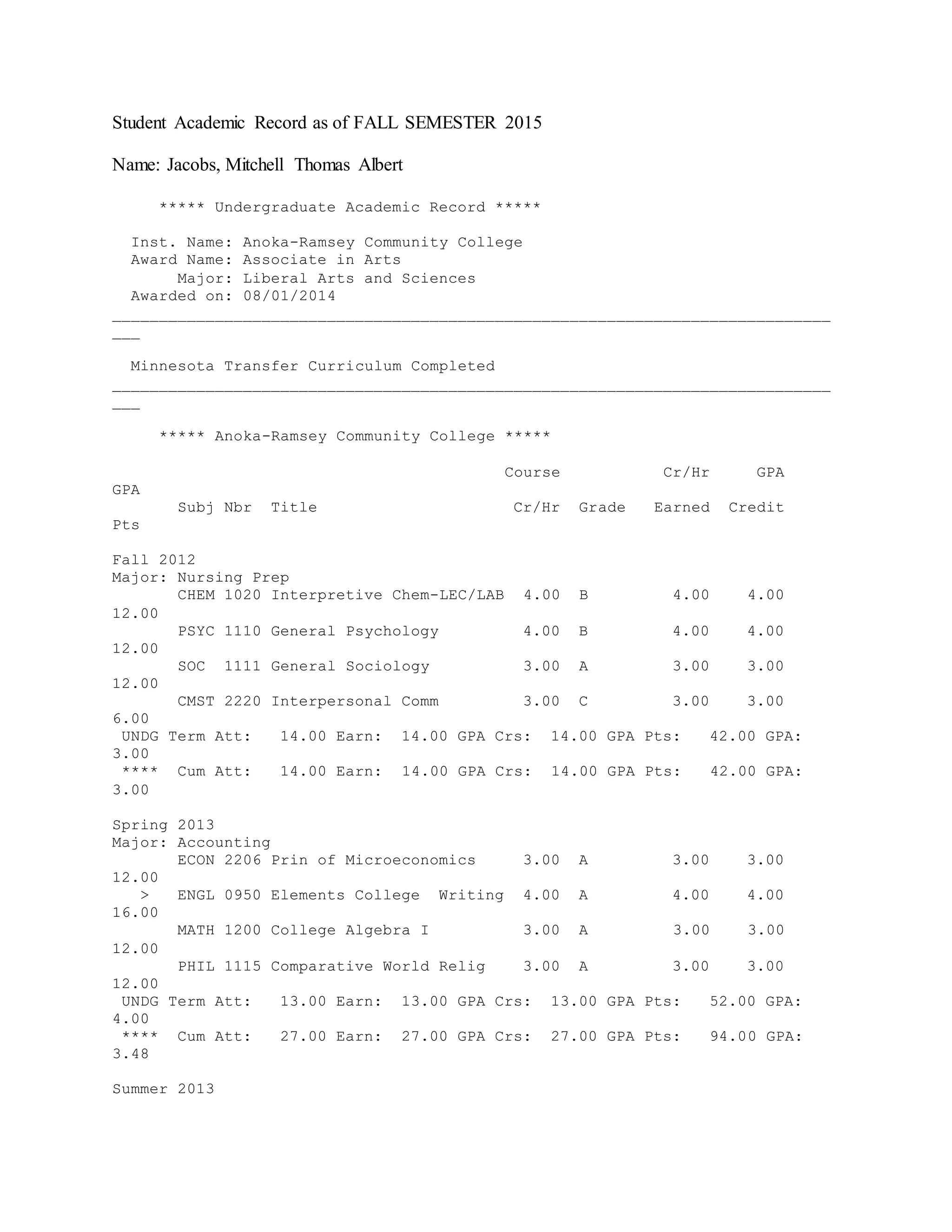 AR_Transcript | DOCX | Undergraduate Education | College Education