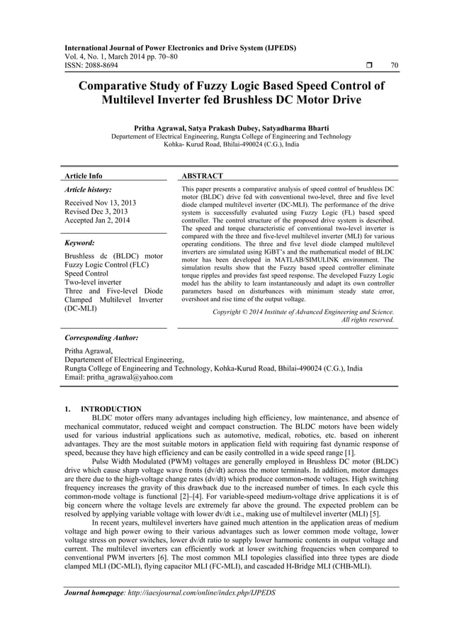 Comparative Study of Fuzzy Logic Based Speed Control of Multilevel Inverter fed Brushless DC ...