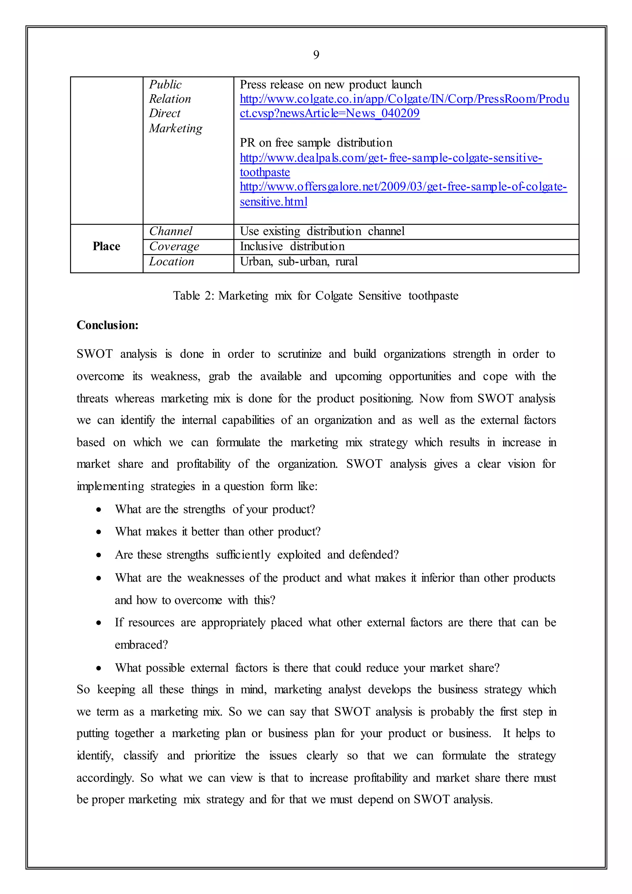 SWOT Analysis and formulation of Marketing Mix for Colgate sensitive | PDF