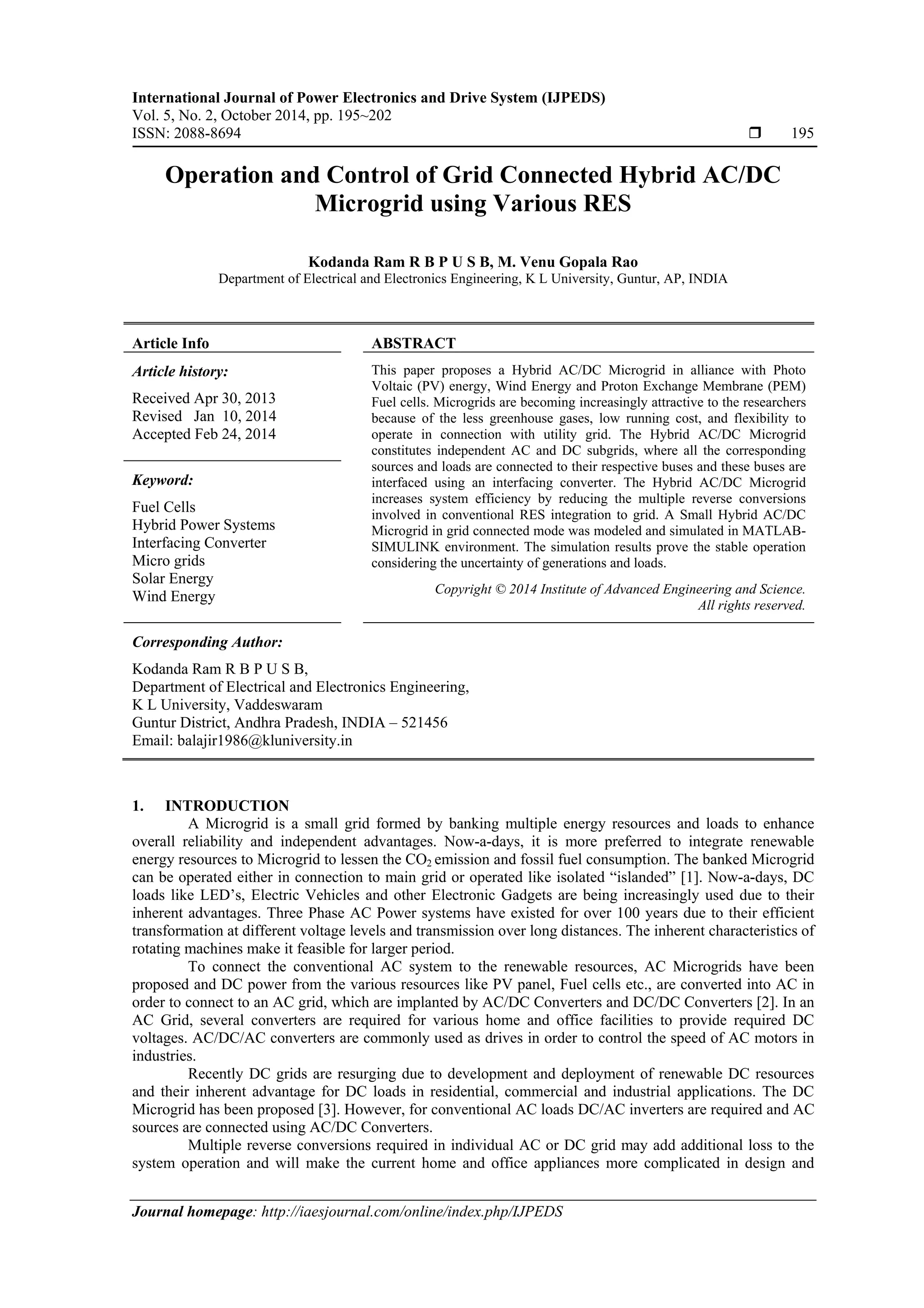 Operation and Control of Grid Connected Hybrid AC/DC Microgrid using Various RES | PDF | Power ...