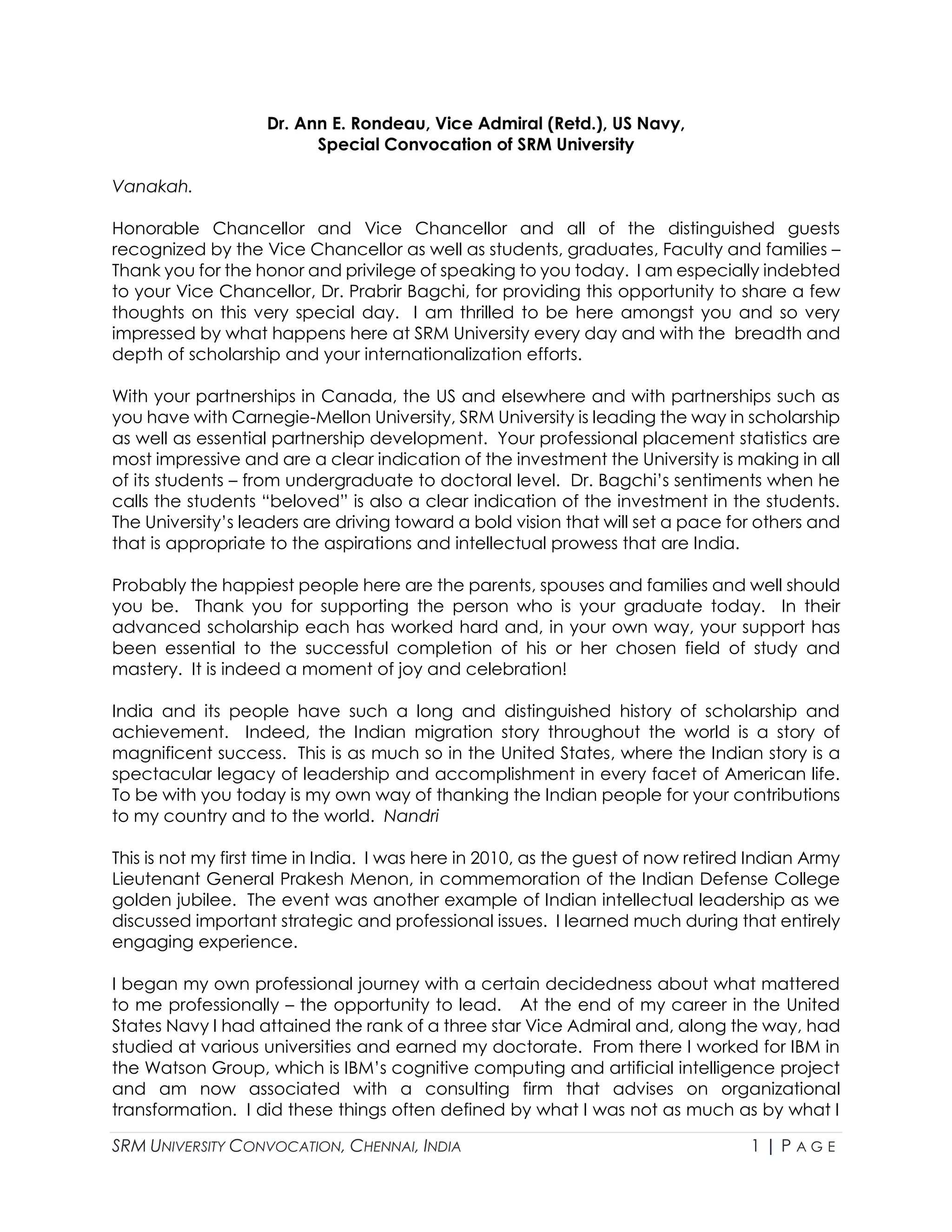 SRM Convocation - Rondeau Speech | PDF | Graduation | Personal ...