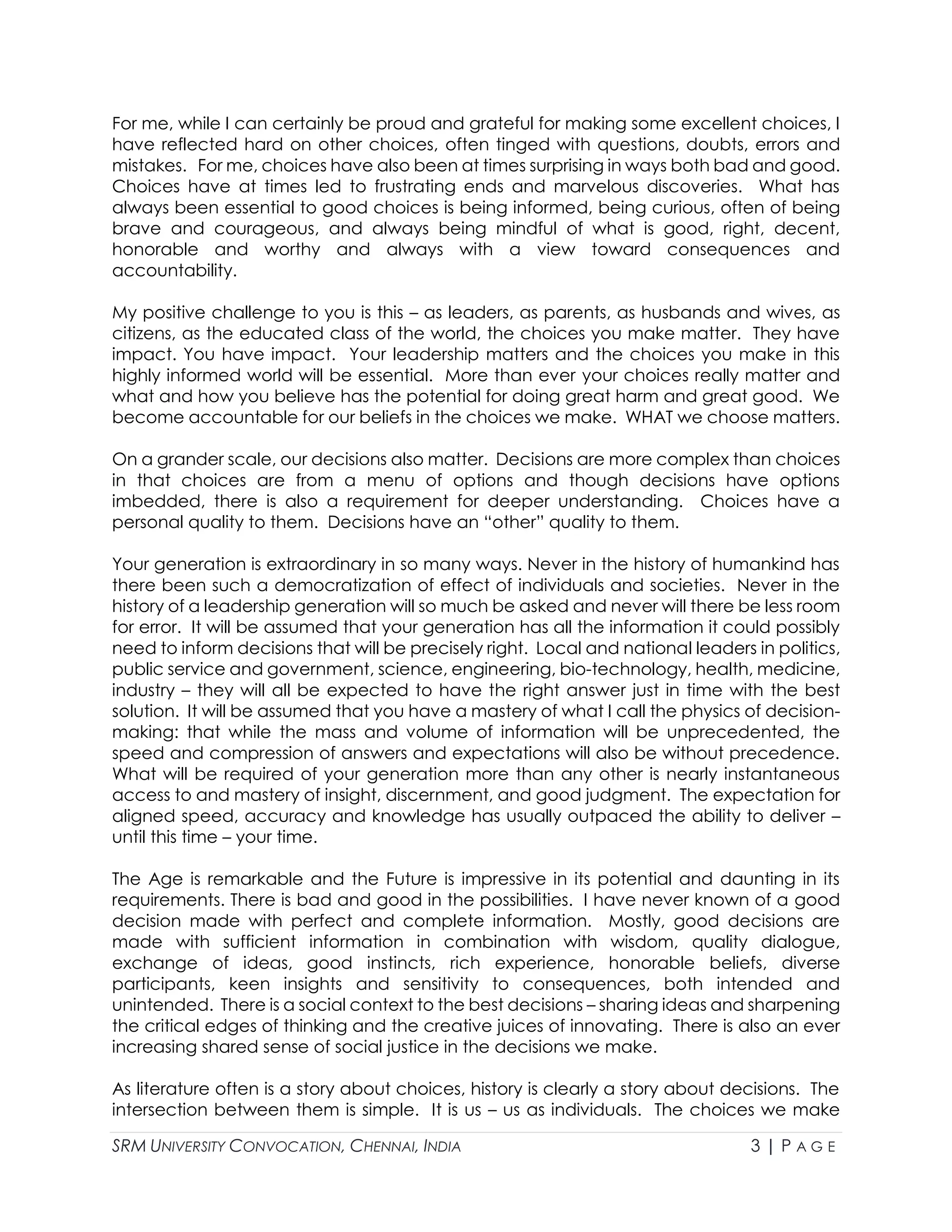 SRM Convocation - Rondeau Speech | PDF | Graduation | Personal ...