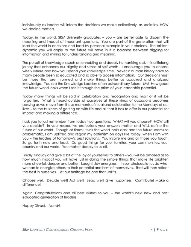 SRM Convocation - Rondeau Speech | PDF | Graduation | Personal ...