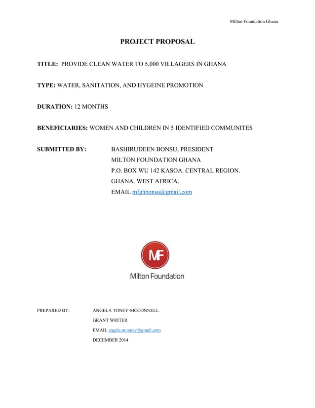 Milton Foundation Ghana Clean Water Project Proposal December 2014 | PDF