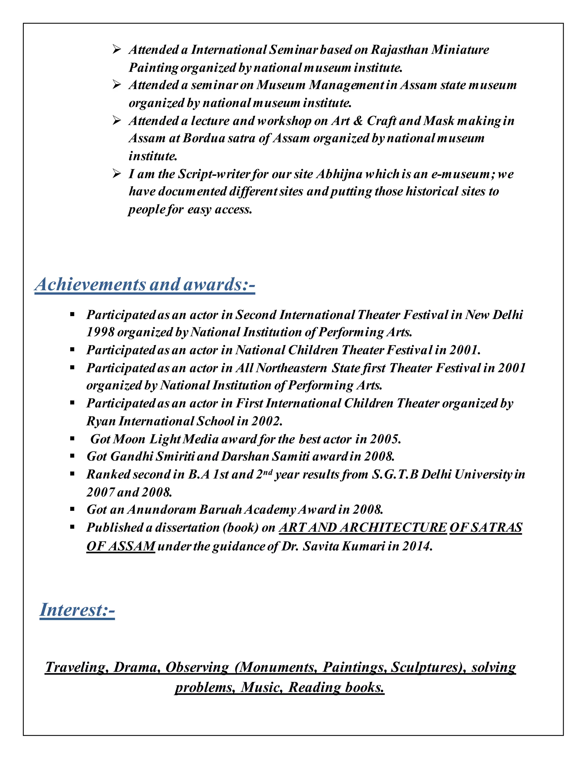 Resume of Pankaj | DOCX | Arts and Crafts | Hobbies & Interests