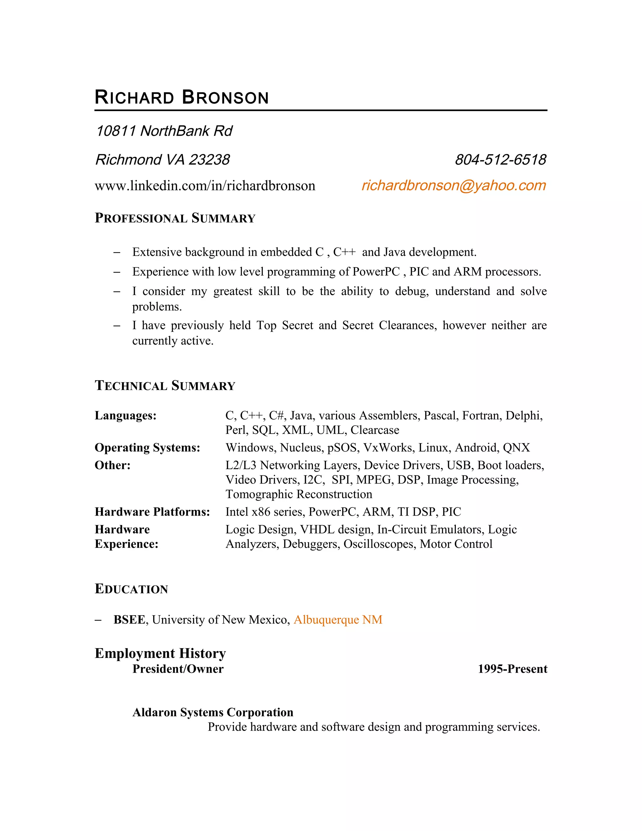Richard Bronson Full Resume 2015 | DOC