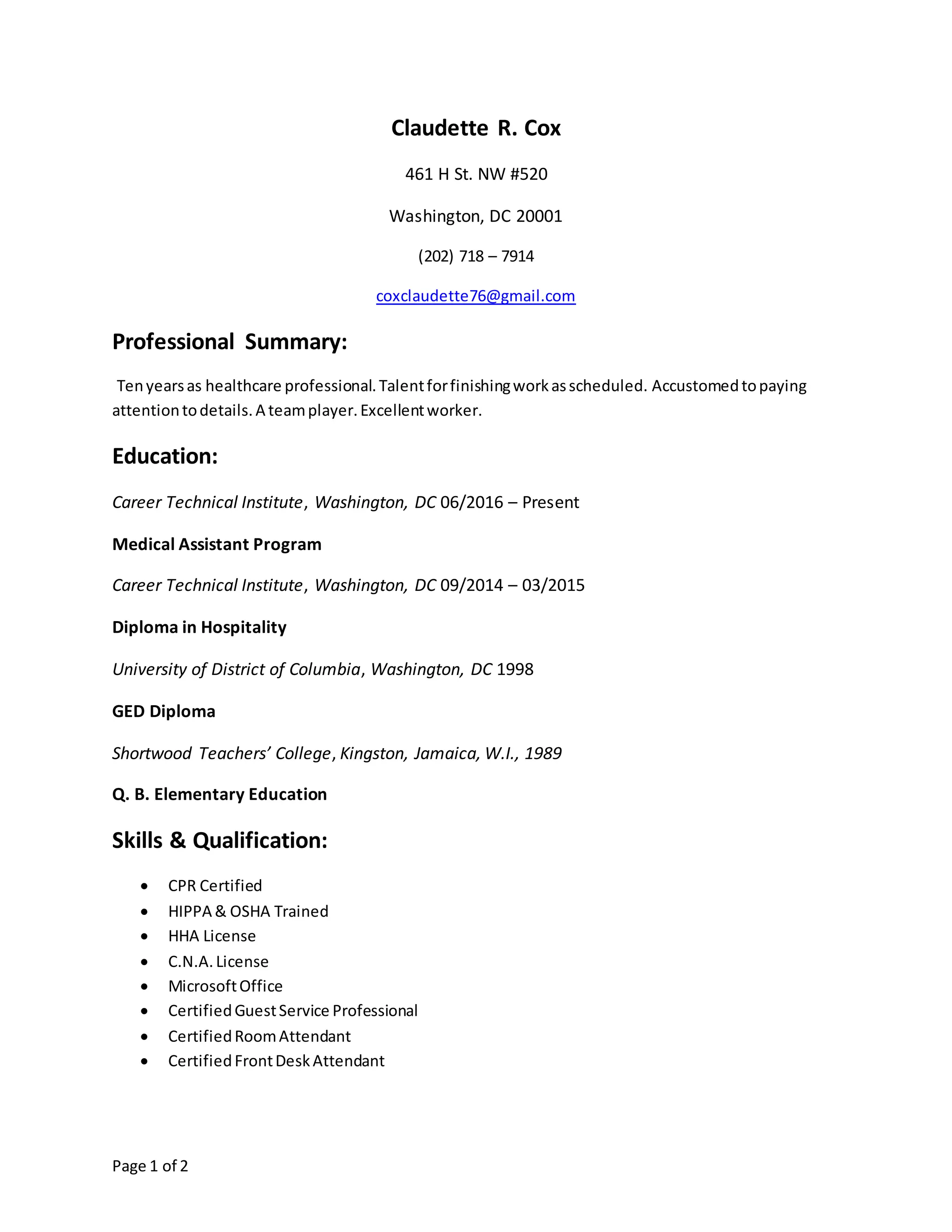 Healthcare Resume-Claudette Cox 1 | DOCX
