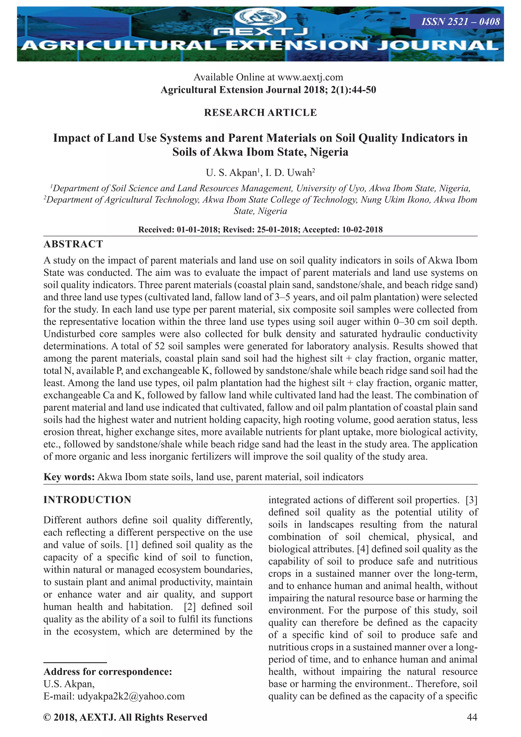 Impact of Land Use Systems and Parent Materials on Soil Quality ...