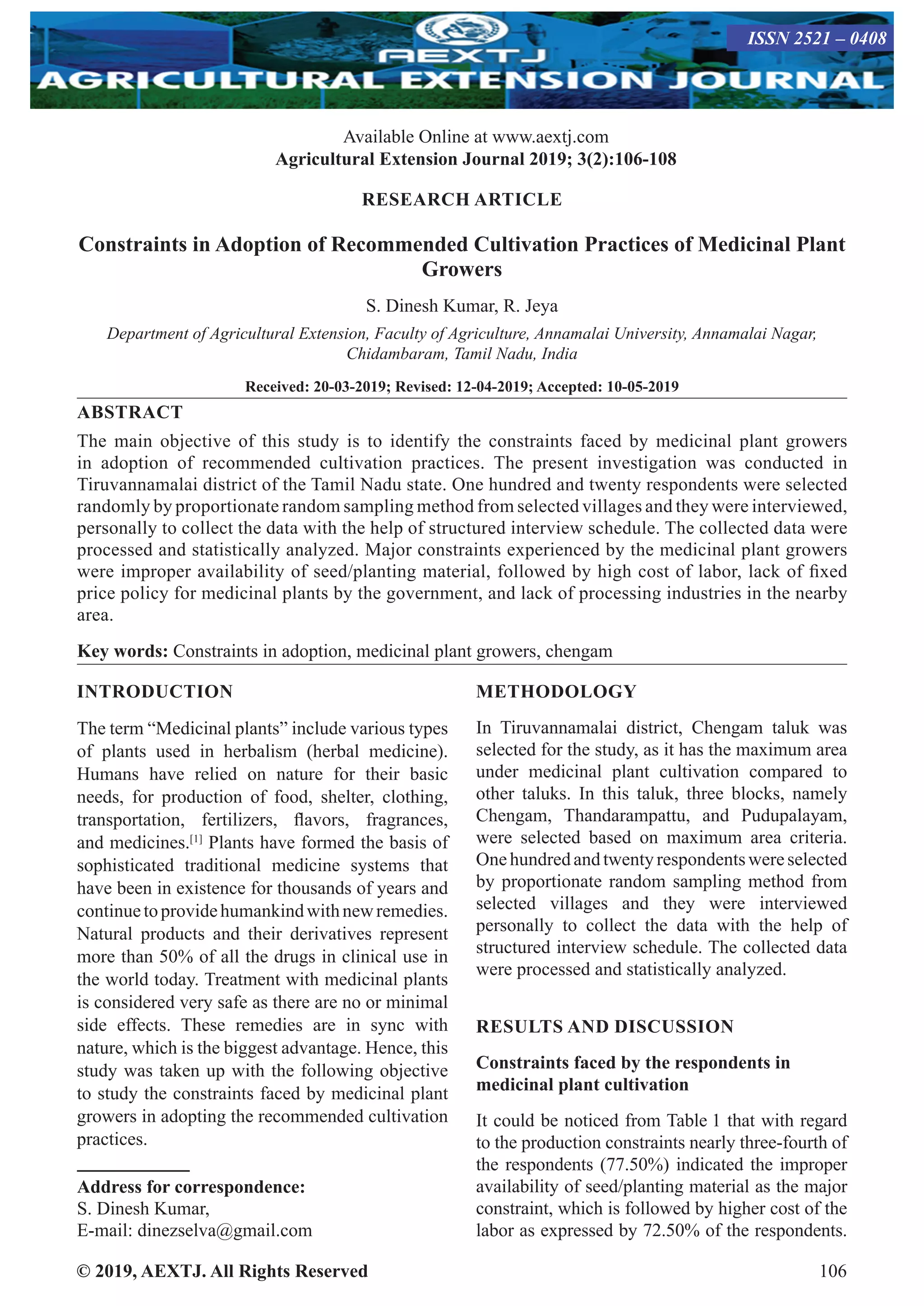 Constraints in Adoption of Recommended Cultivation Practices of Medicinal Plant Growers | PDF