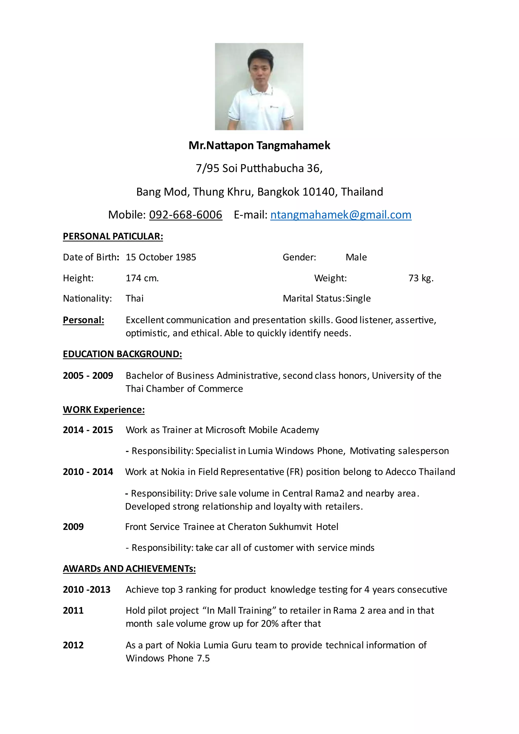 Resume Nattapon Tangmahamek ENG | PDF