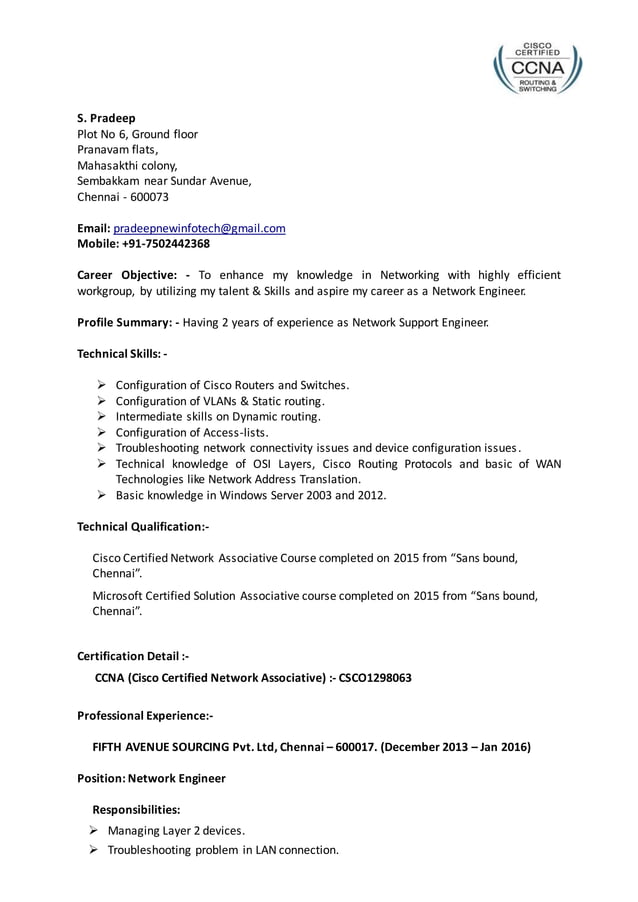pradeep Network Engineer resume | DOCX