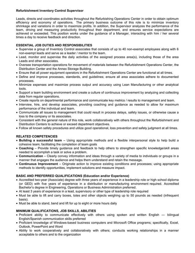 Refurbishment Inventory Control Supervisor | DOC