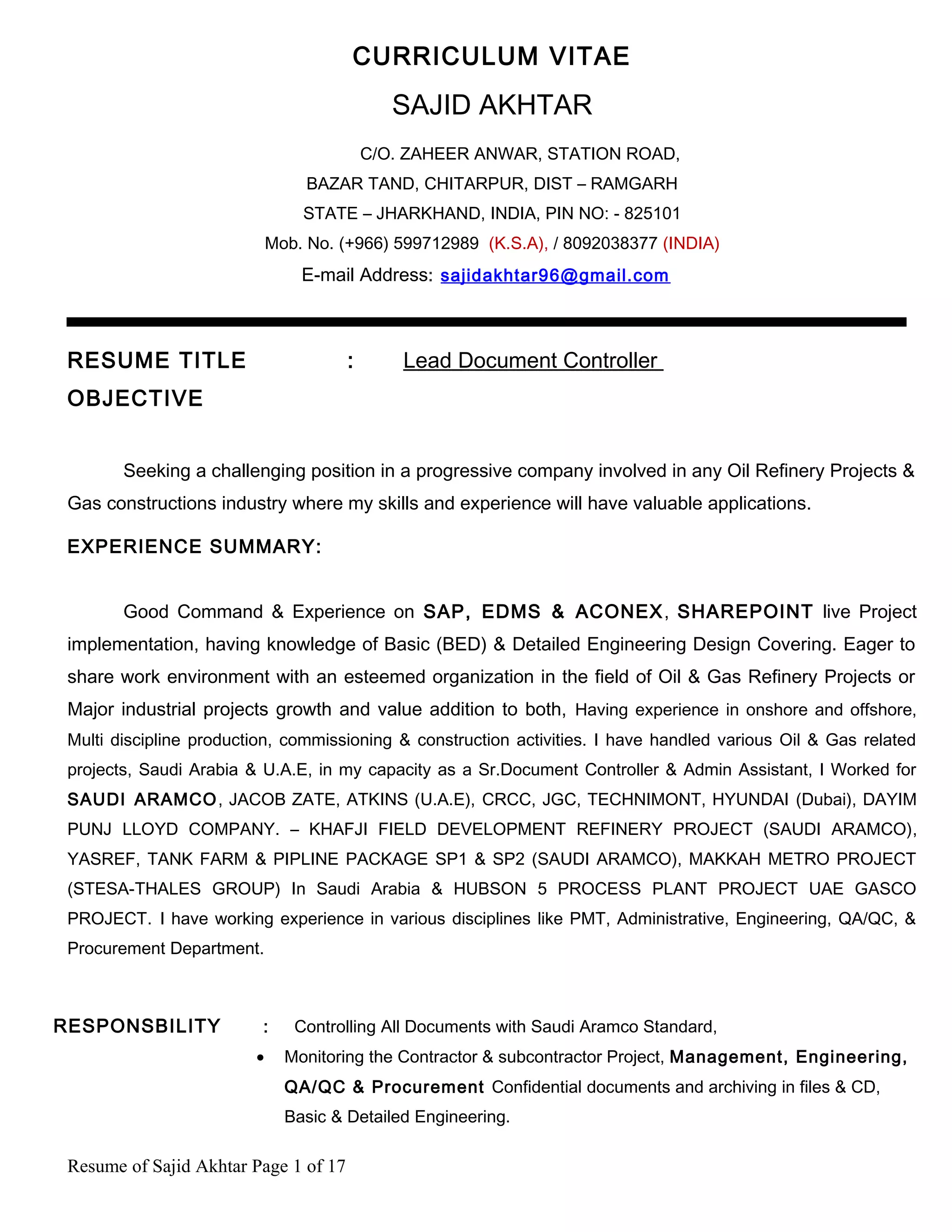 CV Sajid Akhtar - Lead Document Controller - 01 Jan 2017 | DOC