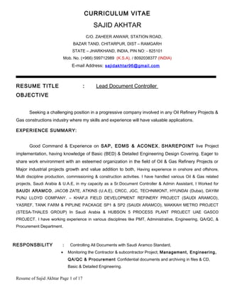 CV Sajid Akhtar - Lead Document Controller - 01 Jan 2017 | DOC