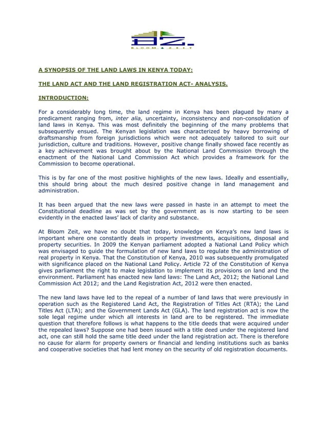 Synopsis of the Land Laws in Kenya | PDF
