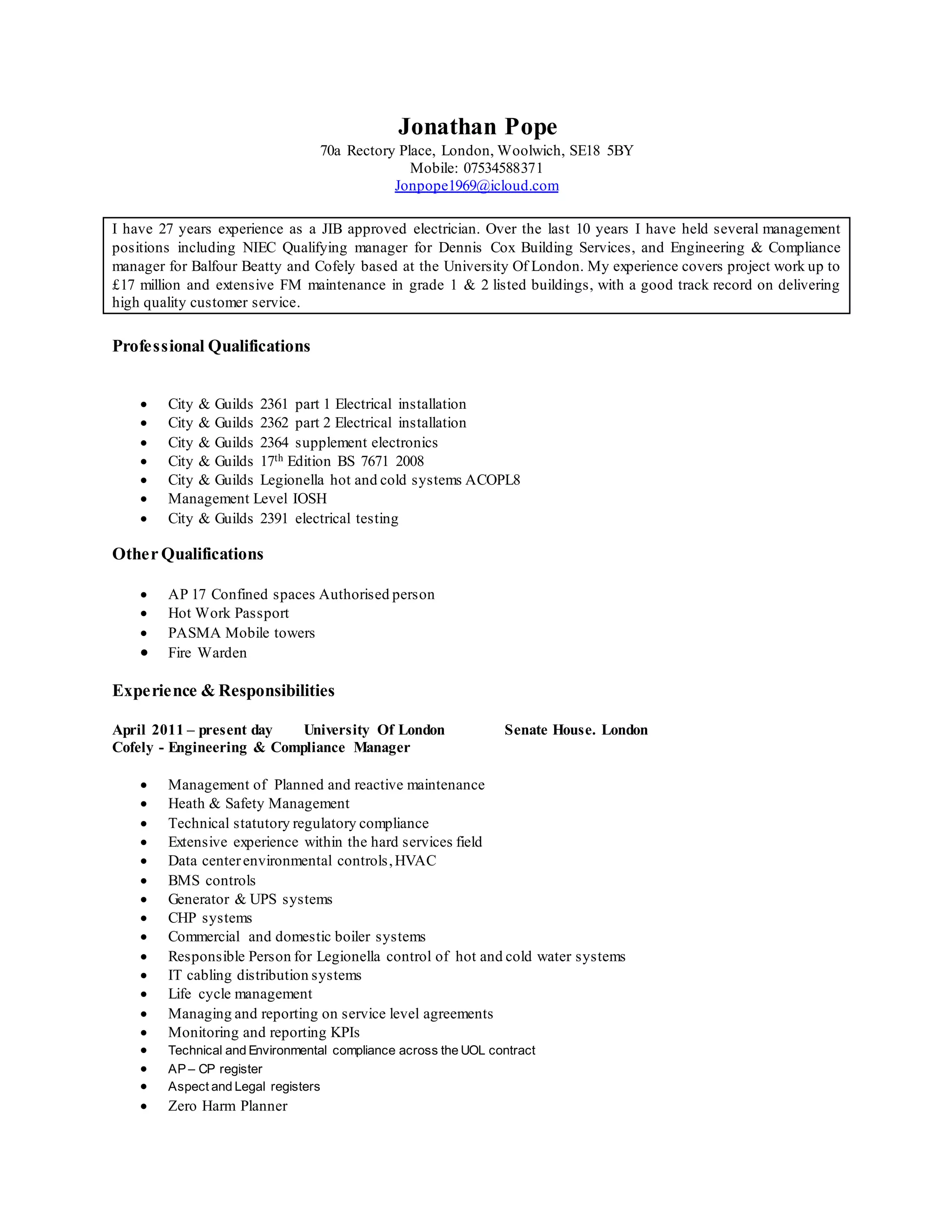 Jonathan Pope Curriculum Vitae | PDF