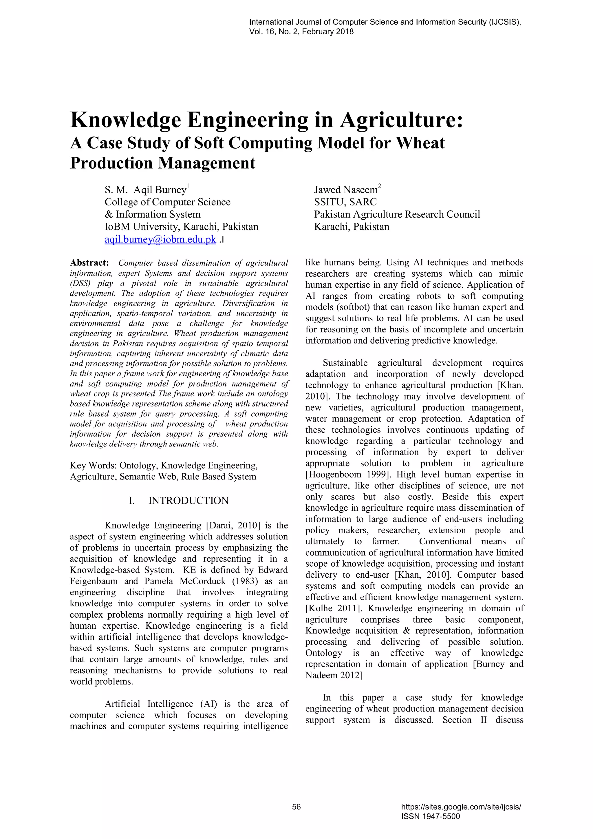 Knowledge Engineering in Agriculture: A Case Study of Soft Computing Model for Wheat Production ...