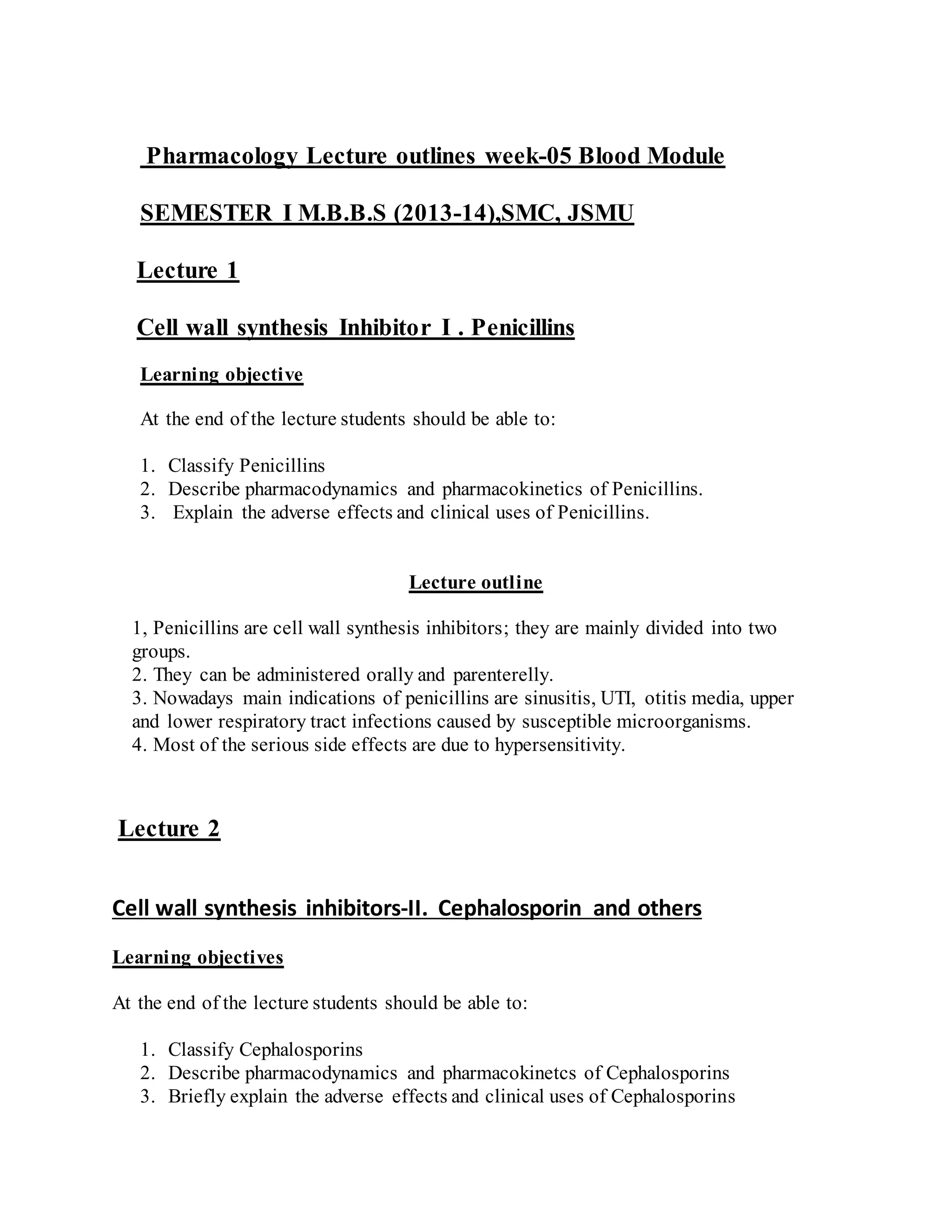 pharmacology lecture outlines week 05 blood module | DOCX