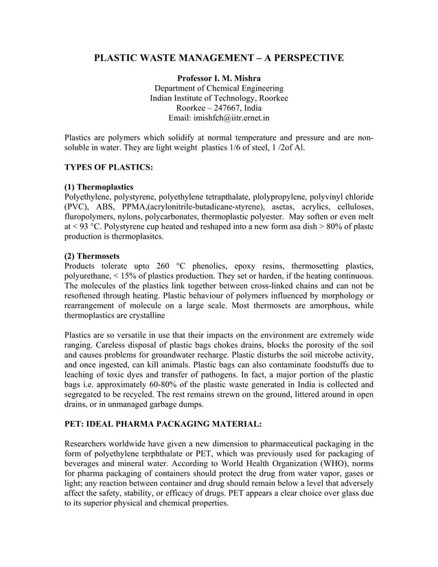 plastic waste management 226 a perspective | PDF | Chemistry | Science