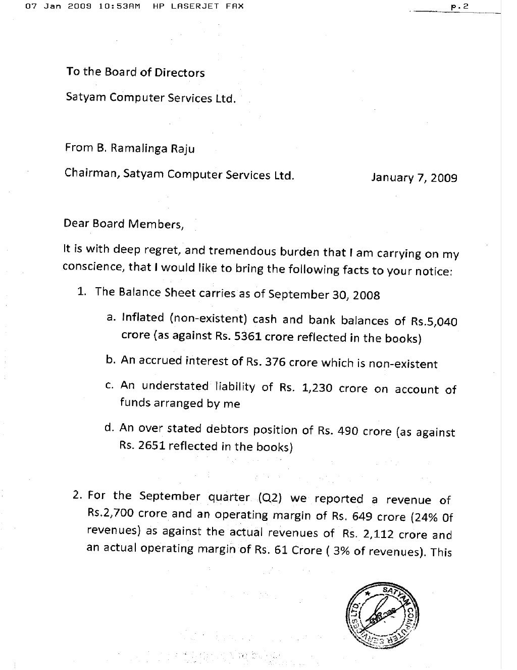 Satyam - The Letter that Ramalinga Raju wrote, reveals shocking details ...