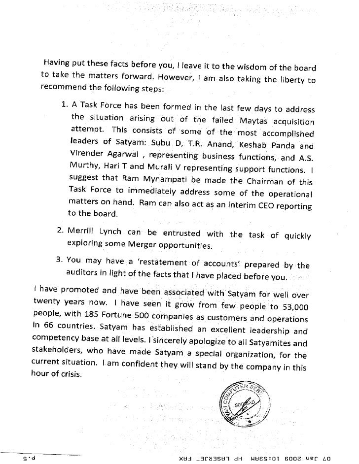 Satyam - The Letter that Ramalinga Raju wrote, reveals shocking details ...