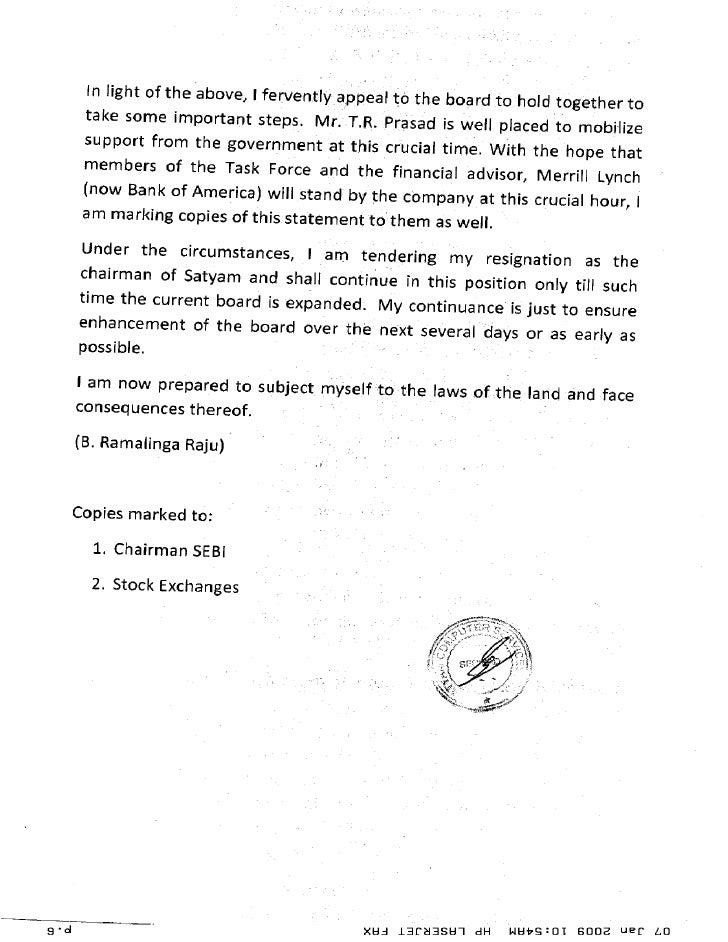 Satyam - The Letter that Ramalinga Raju wrote, reveals shocking details ...