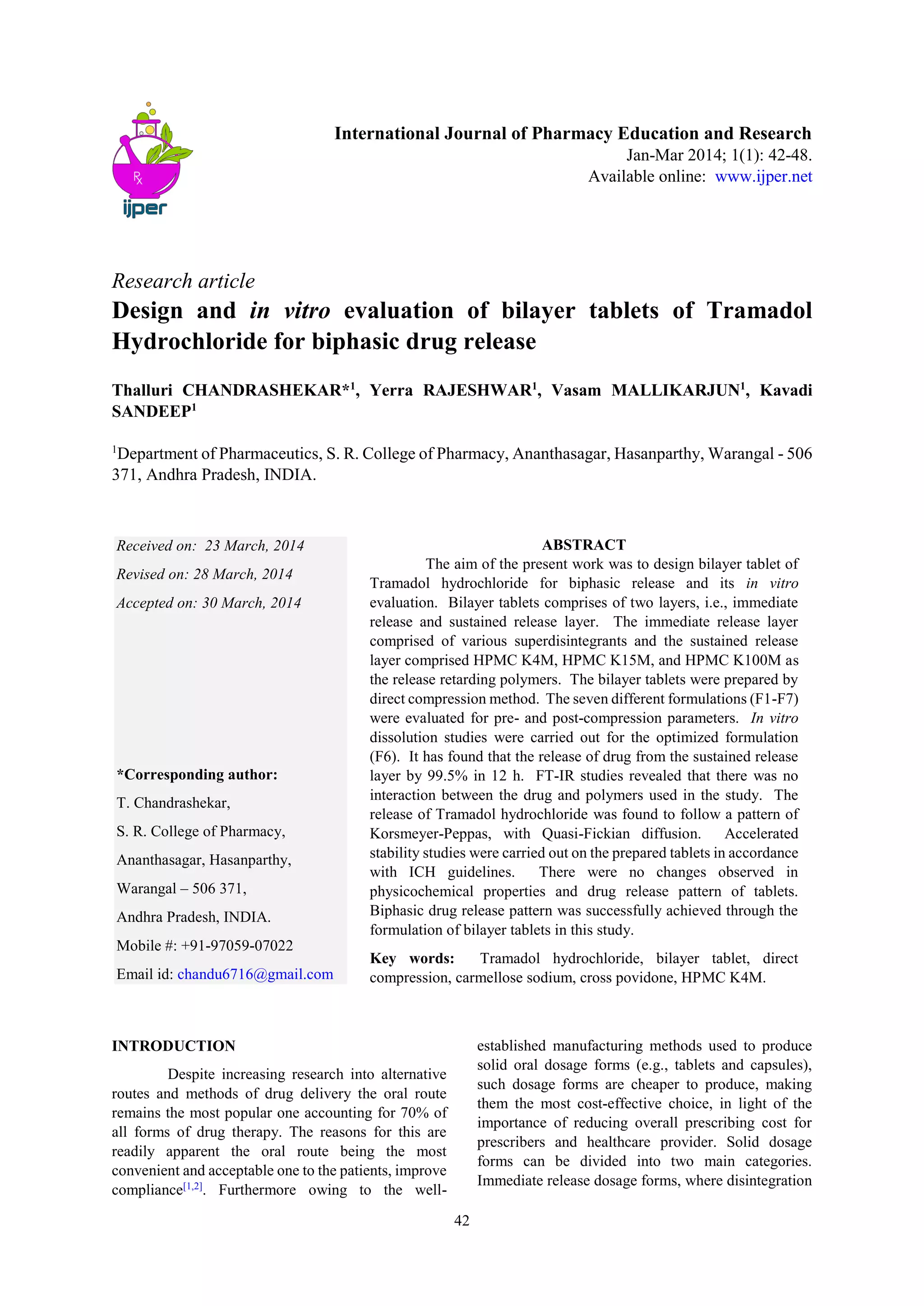 Design and in vitro evaluation of bilayer tablets of Tramadol ...