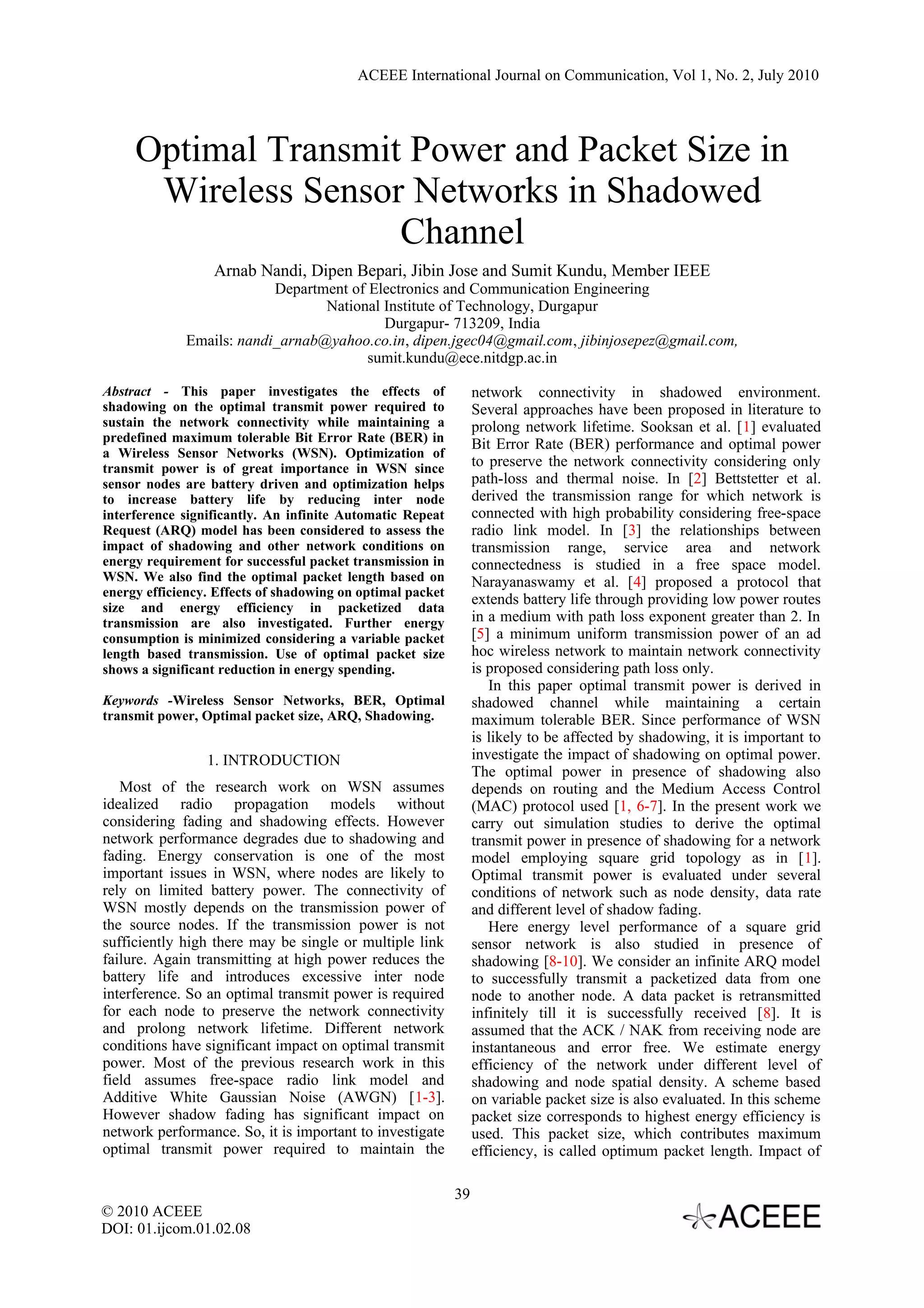 Optimal Transmit Power and Packet Size in Wireless Sensor Networks in Shadowed Channel | PDF