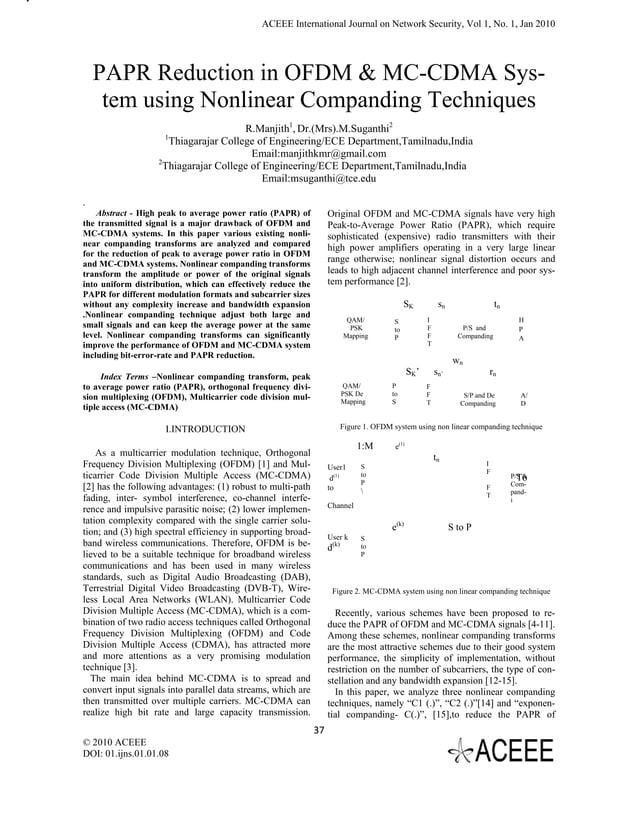 PAPR Reduction in OFDM & MC-CDMA System using Nonlinear Companding Techniques | PDF