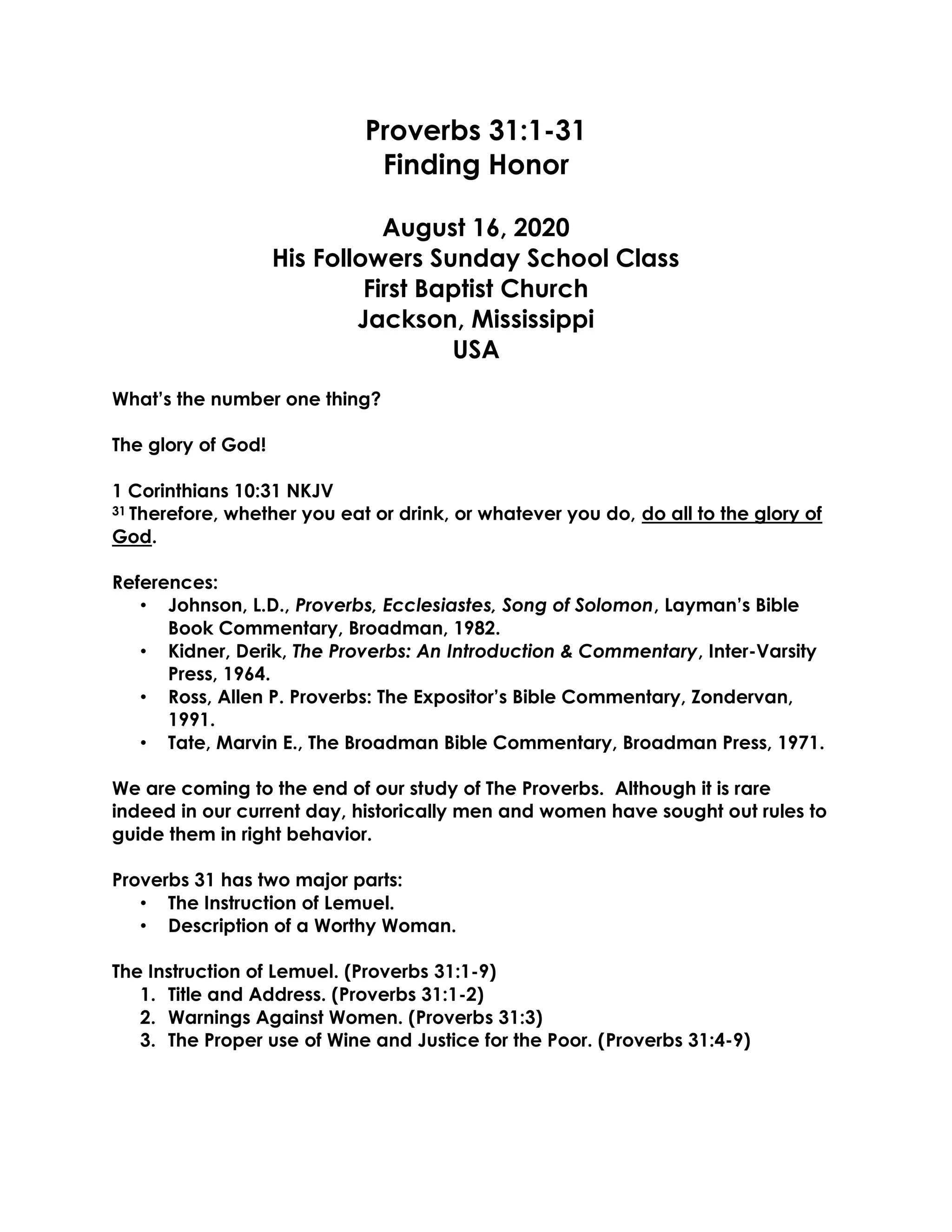 08-16-20, Proverbs 31;1-31, Finding Honor | PDF