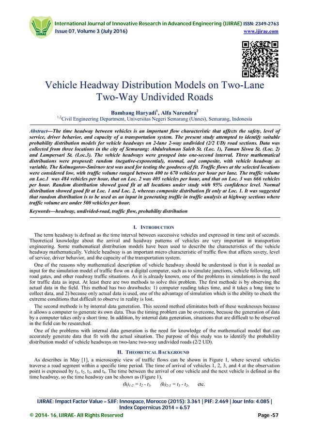 Vehicle Headway Distribution Models on Two-Lane Two-Way Undivided Roads | PDF