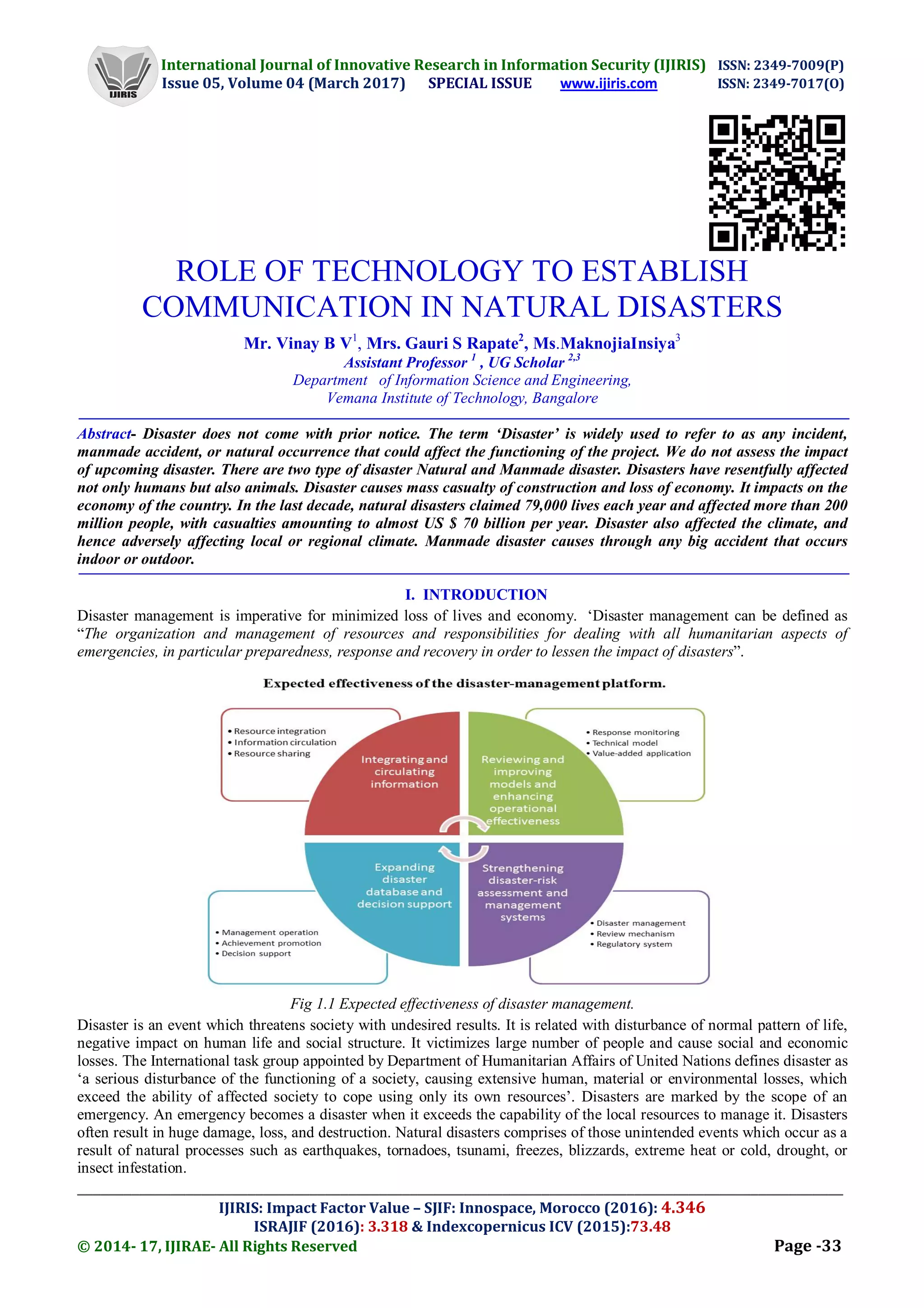 ROLE OF TECHNOLOGY TO ESTABLISH COMMUNICATION IN NATURAL DISASTERS | PDF