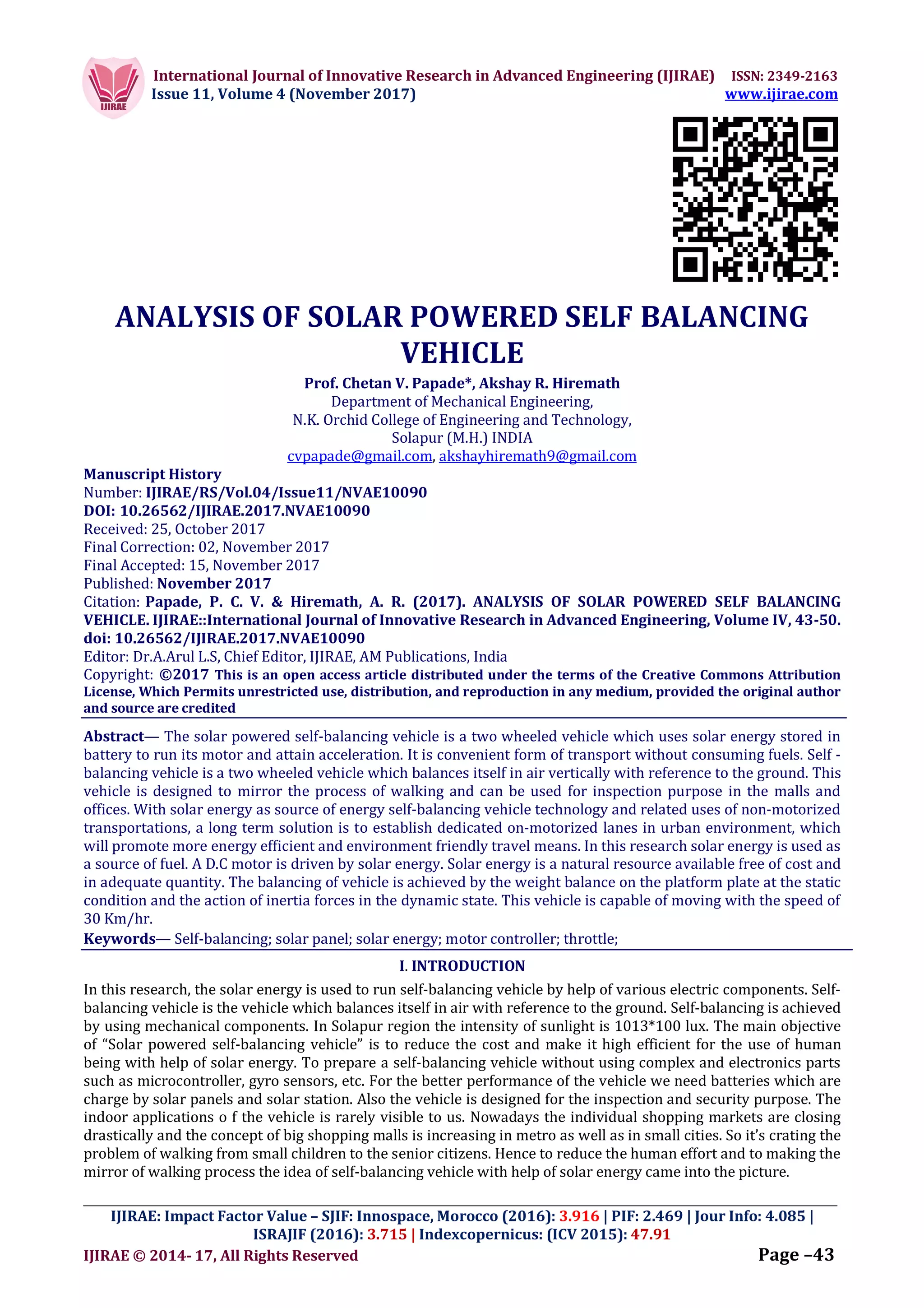 ANALYSIS OF SOLAR POWERED SELF BALANCING VEHICLE | PDF | Green Vehicles ...