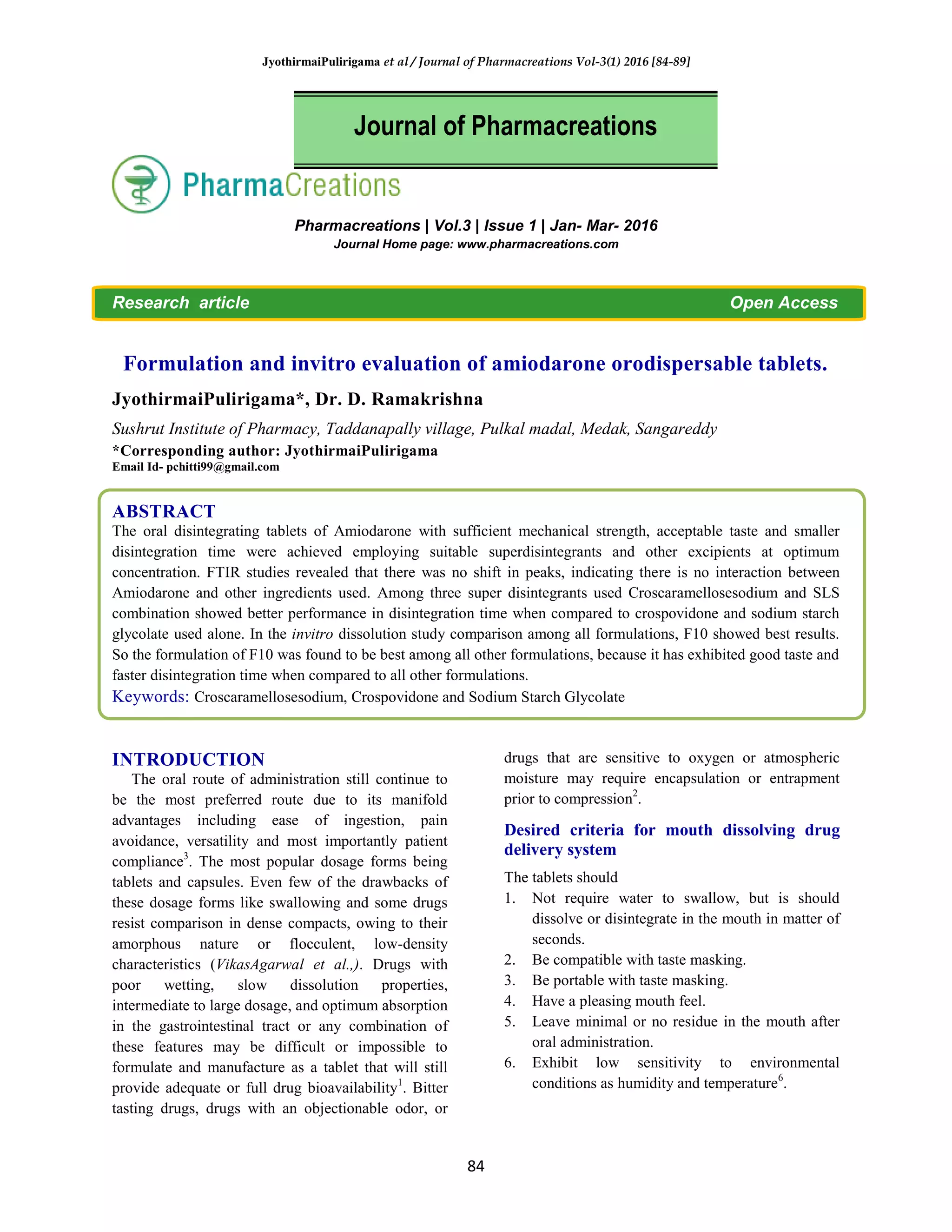 Formulation and invitro evaluation of amiodarone orodispersable tablets. | PDF