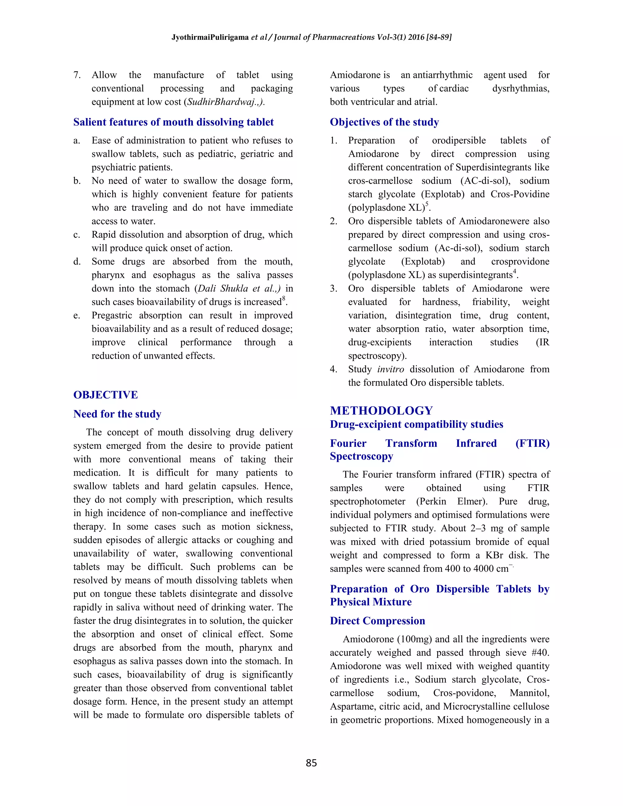 Formulation and invitro evaluation of amiodarone orodispersable tablets ...