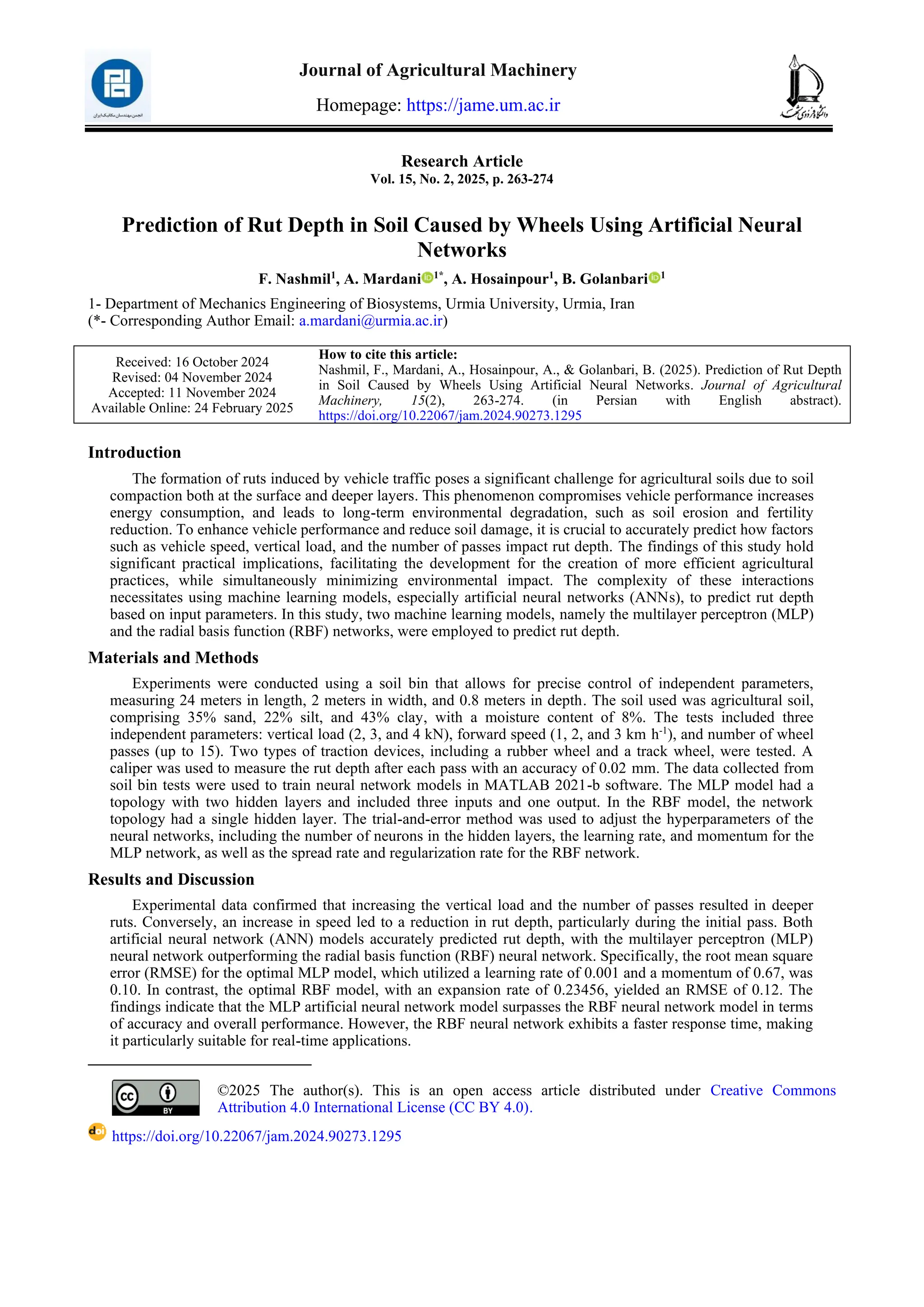 Prediction of Rut Depth in Soil Caused by Wheels Using Artificial ...