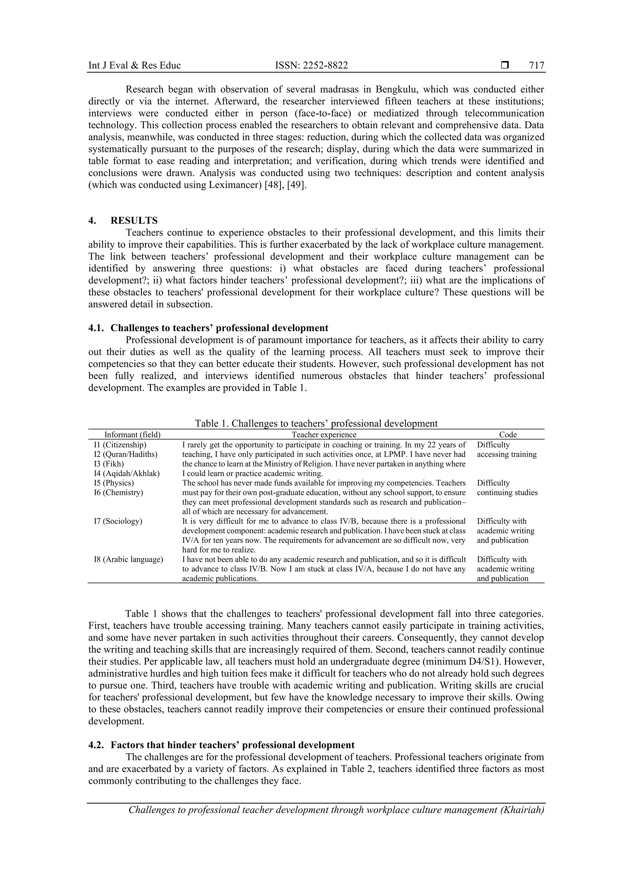 Challenges to professional teacher development through workplace ...