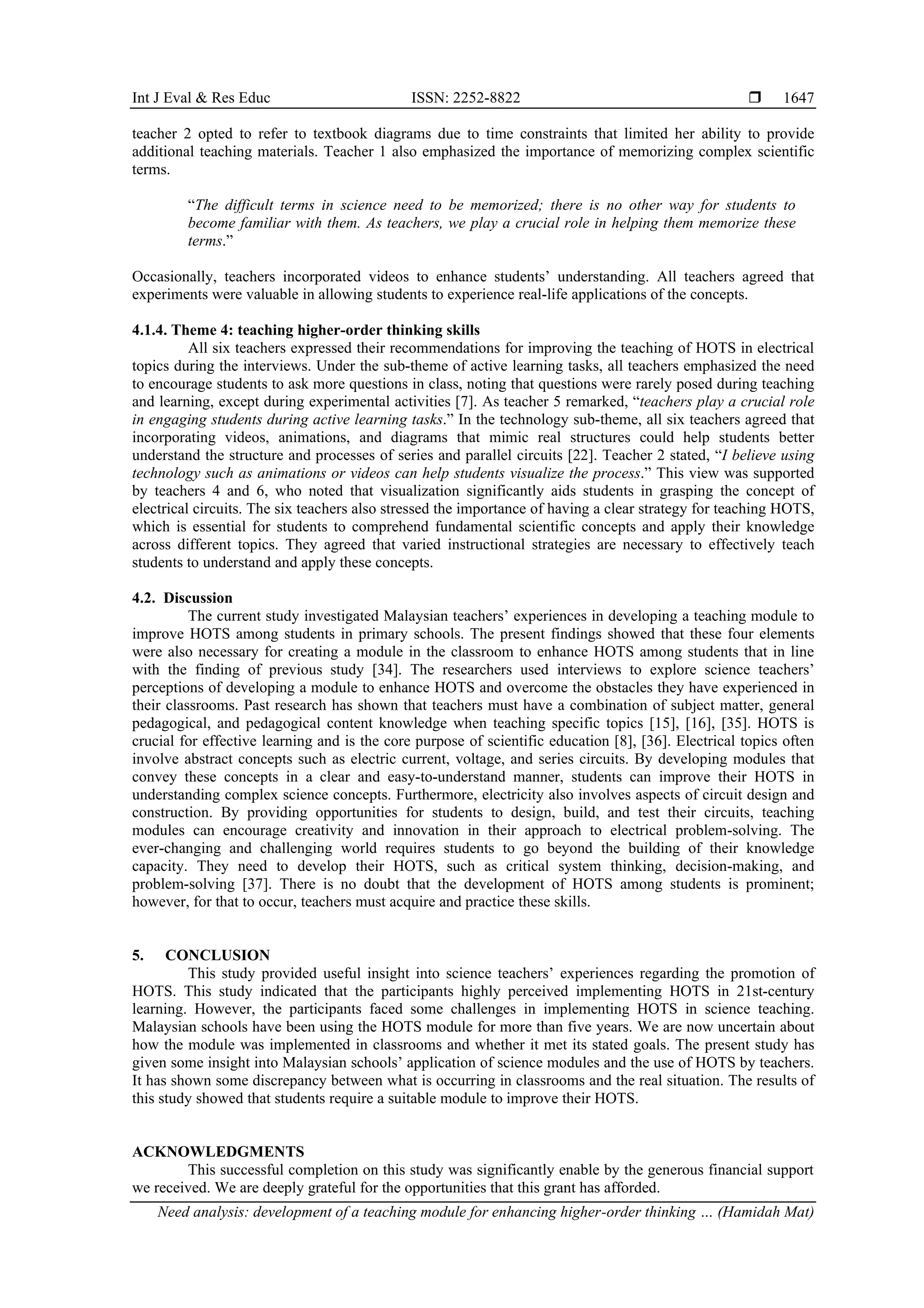 Need analysis: development of a teaching module for enhancing higher ...