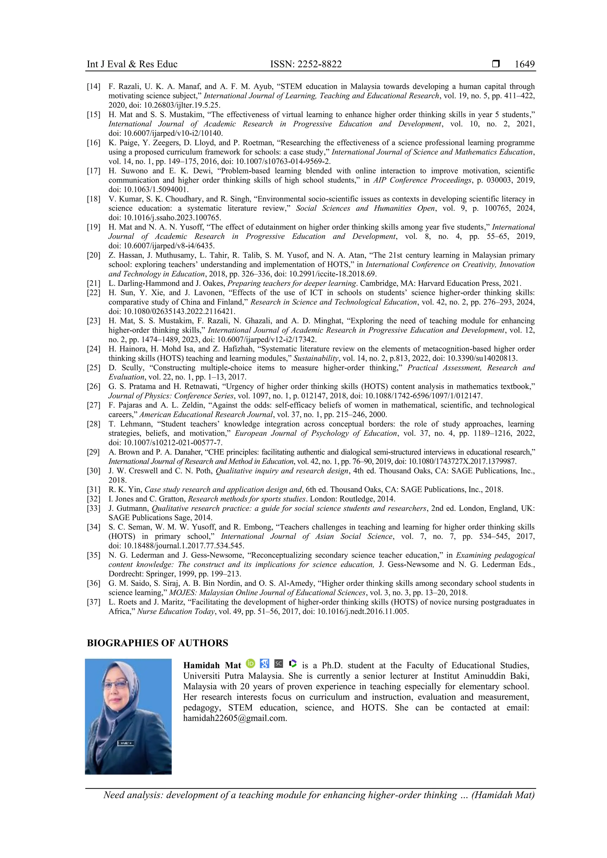 Need analysis: development of a teaching module for enhancing higher ...