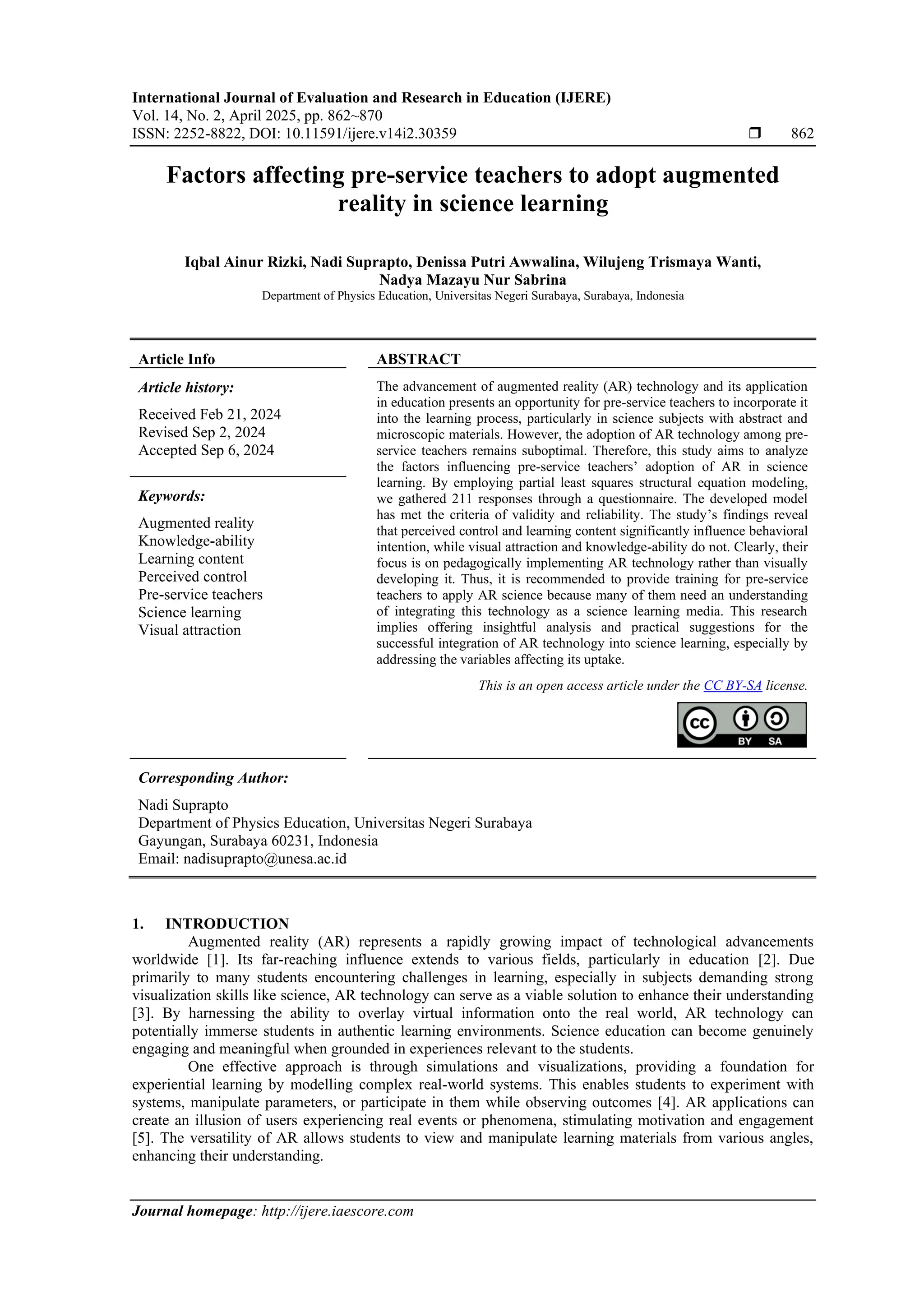 Factors affecting pre-service teachers to adopt augmented reality in ...