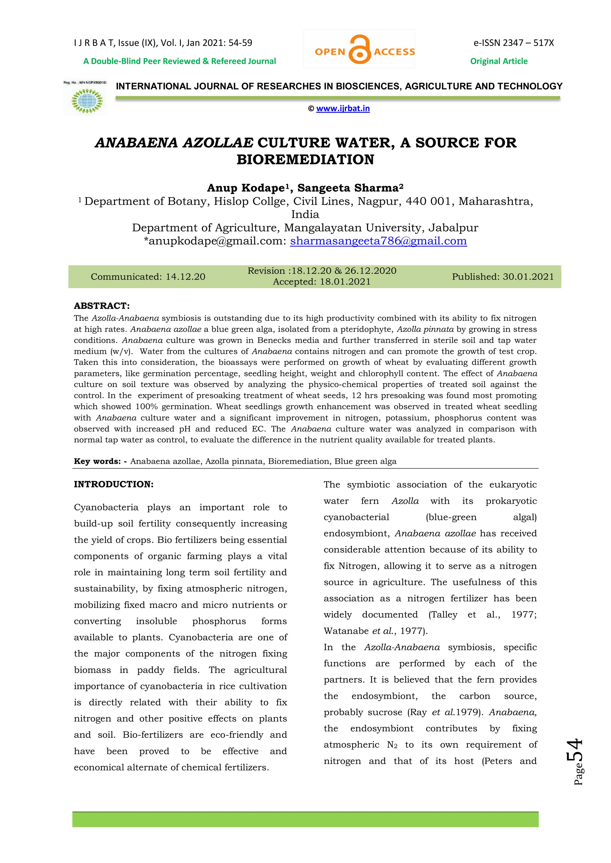 ANABAENA AZOLLAE CULTURE WATER, A SOURCE FOR BIOREMEDIATION | PDF