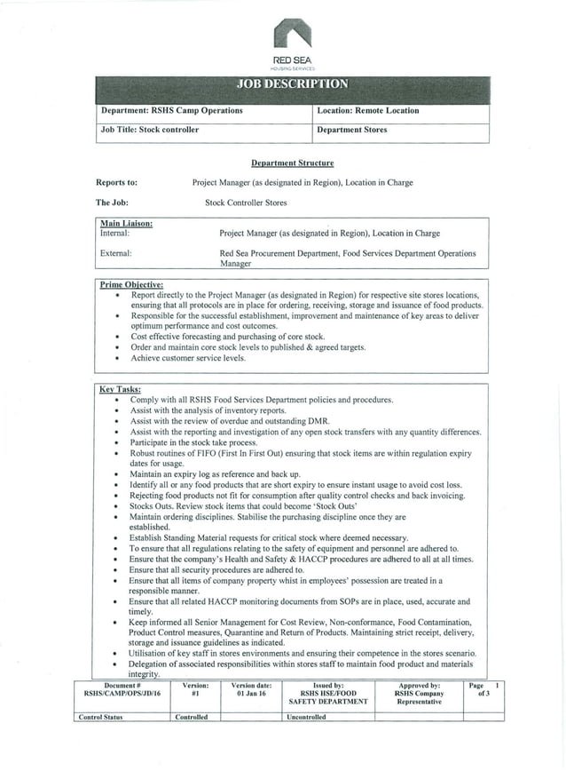 JOB DESCRIPTION STOCK CONTROLLER | PDF