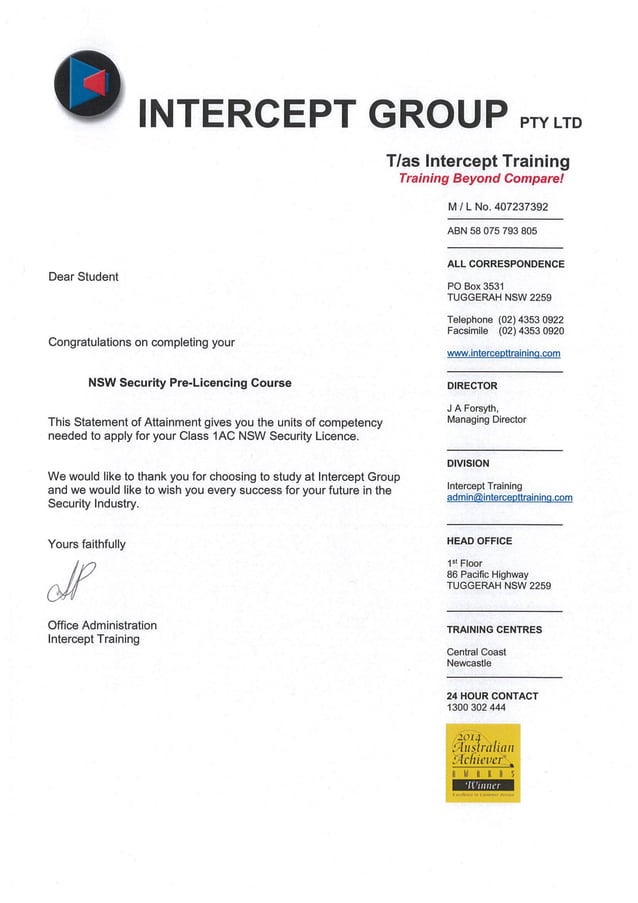Statement of Attainment Certificate II in Security Operations Covering Letter - Lisa Ray-Dobson ...