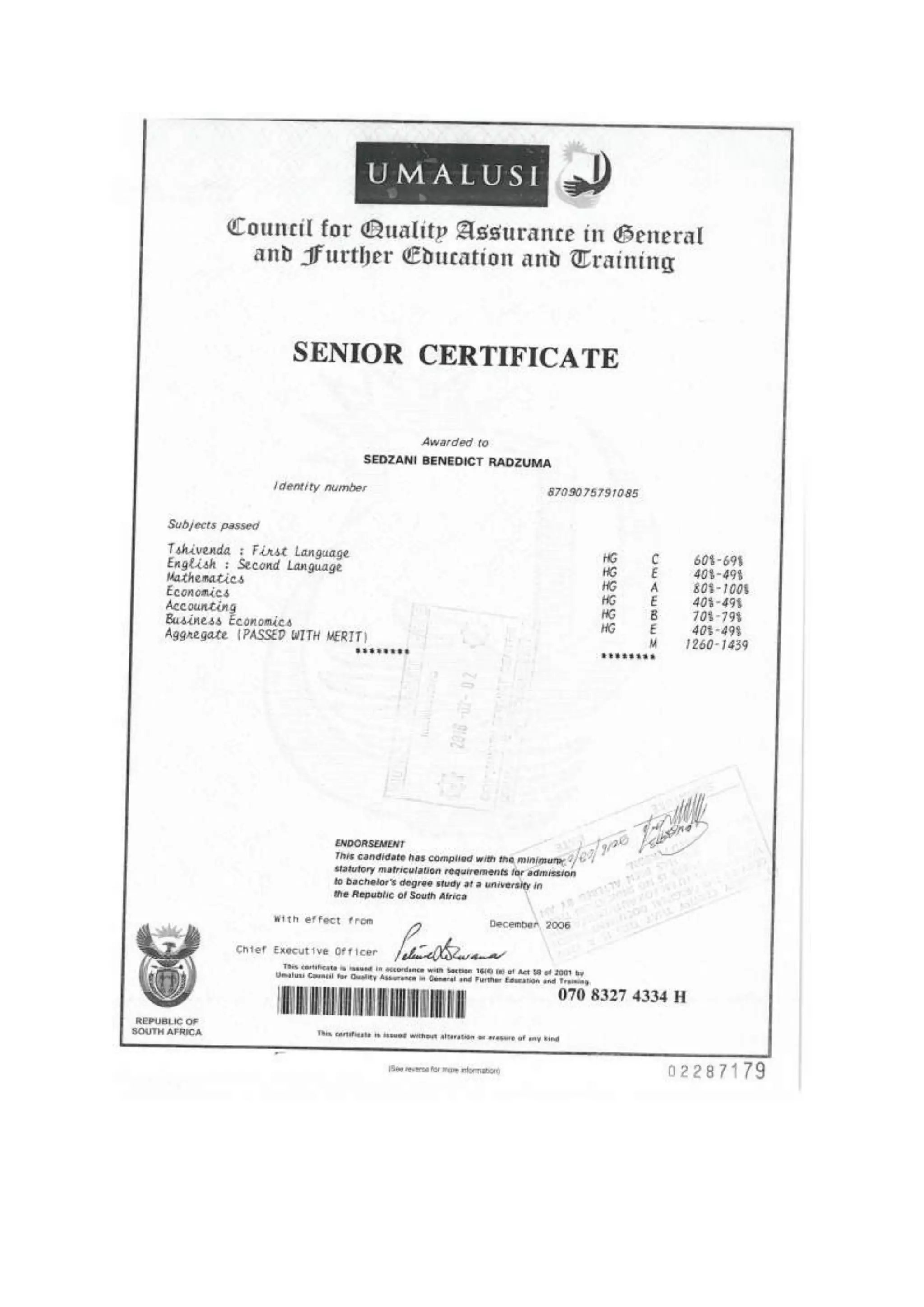 MATRIC CERTIFICATE | PDF