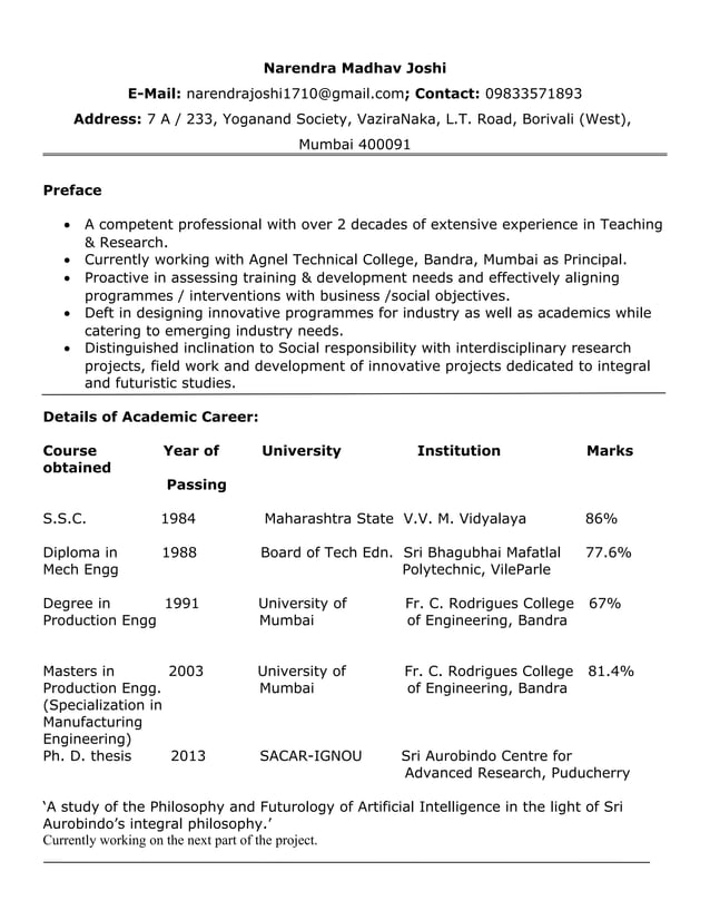 CV Narendra Joshi 2016 | PDF