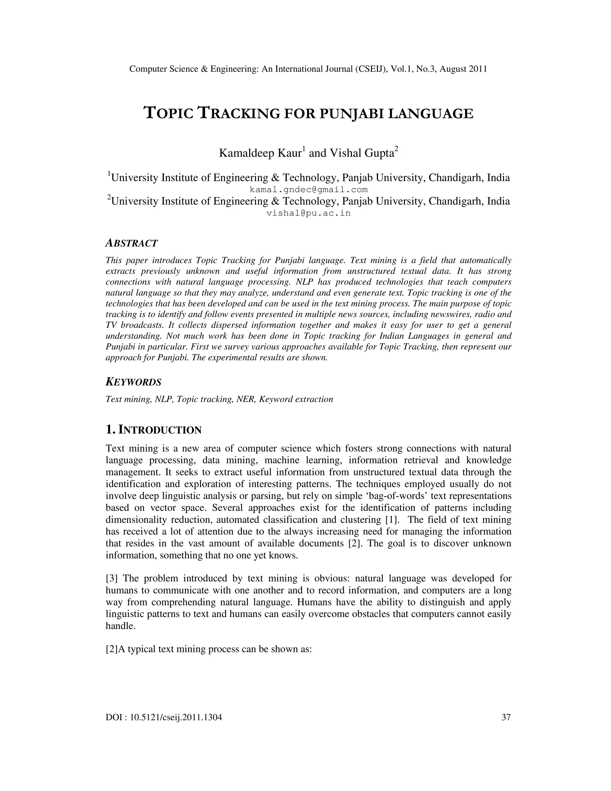Topic Tracking for Punjabi Language | PDF